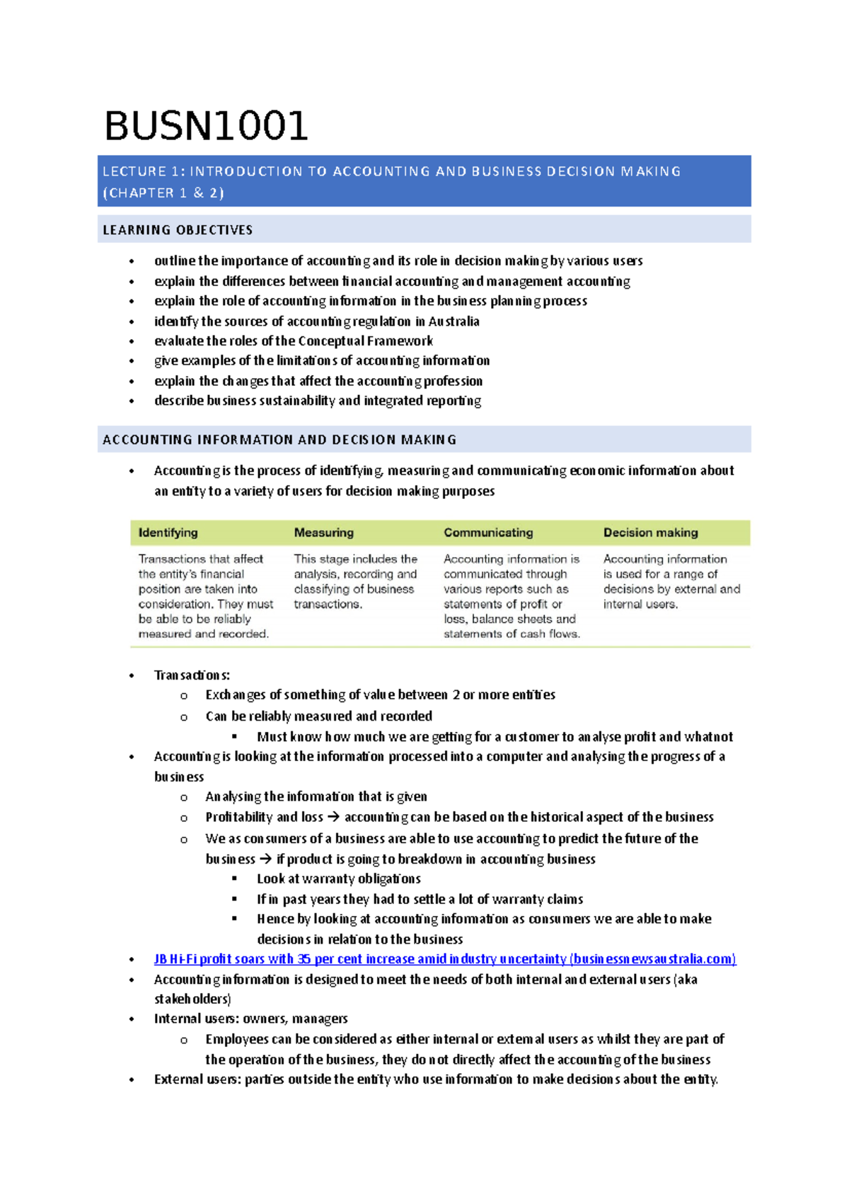 BUSN1001 Textbook and Lecture Notes - BUSN L ECTU RE 1: INT RODU CTI ON ...