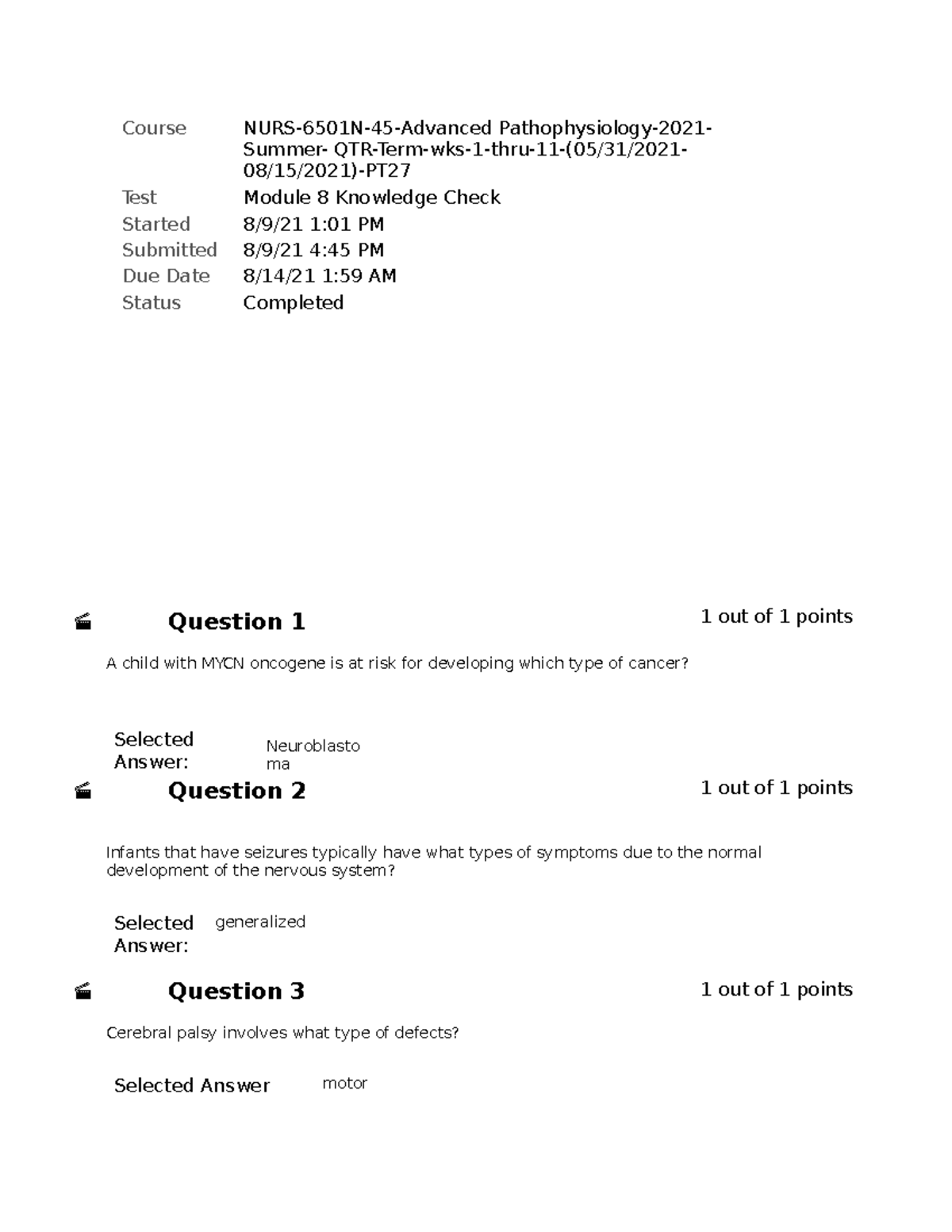 NURS 6501 Module 8 Week 11 Knowledge Check; Pediatrics (100% Correct ...