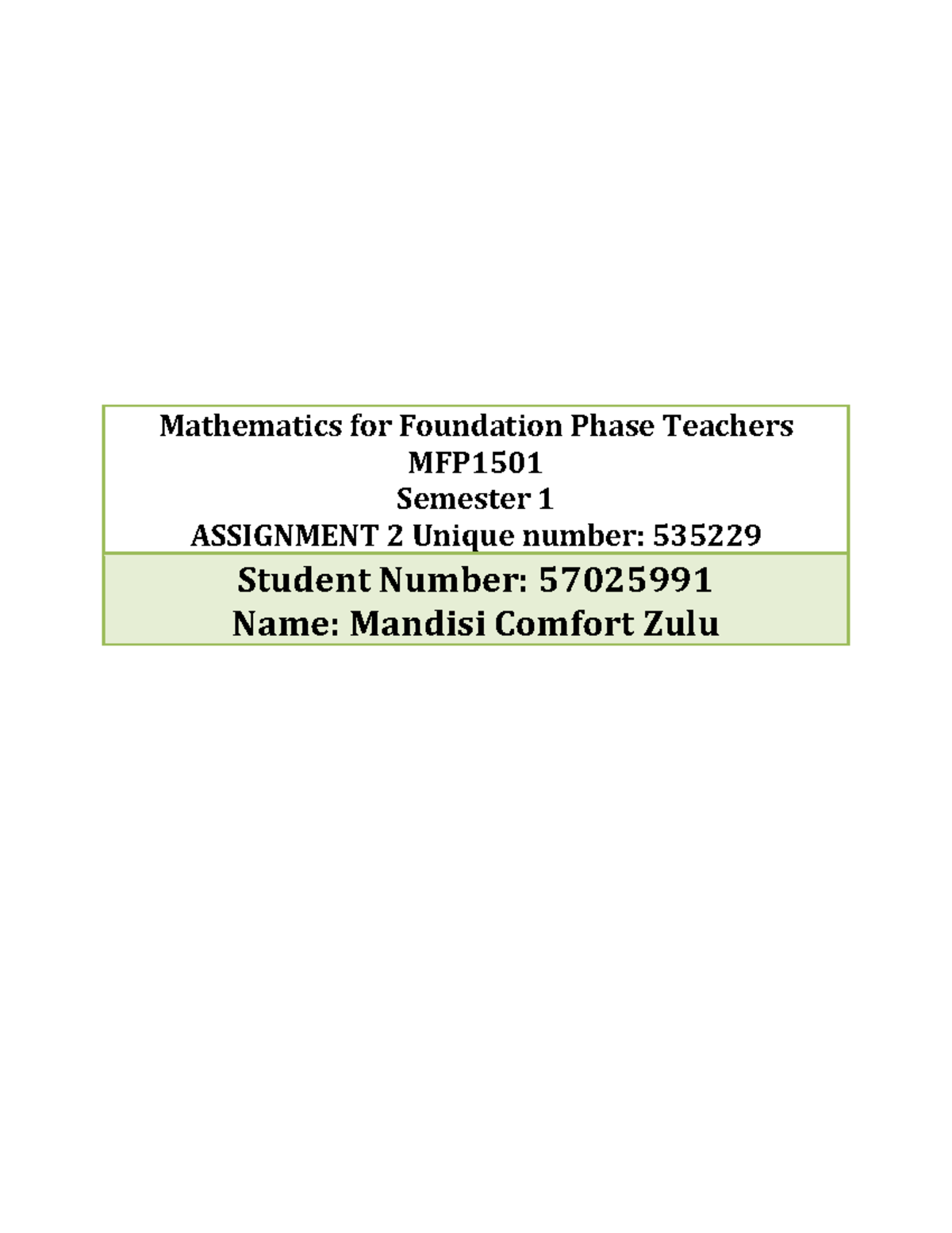 MFP1501 57025991 Assignment 2 - Mathematics for Foundation Phase Teachers MFP Semester 1 ...