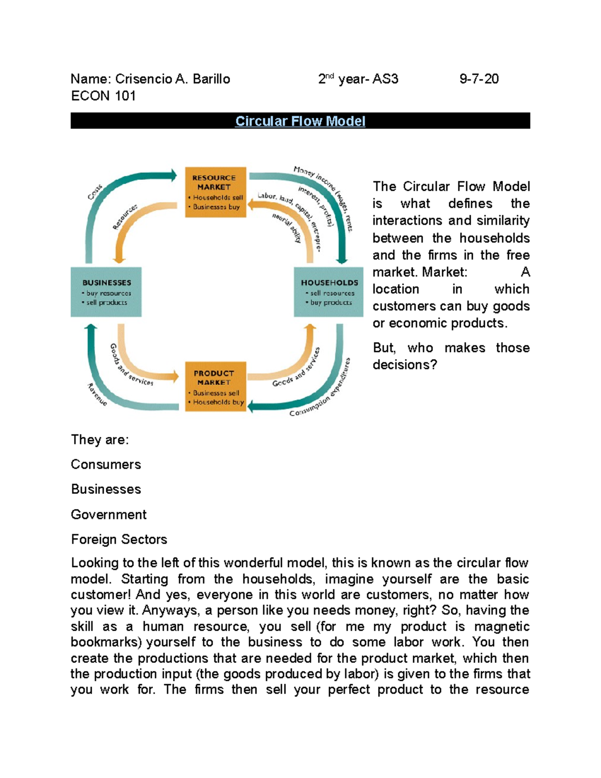 Circular flow model - Lecture notes 2 - Name: Crisencio A. Barillo 2 nd ...