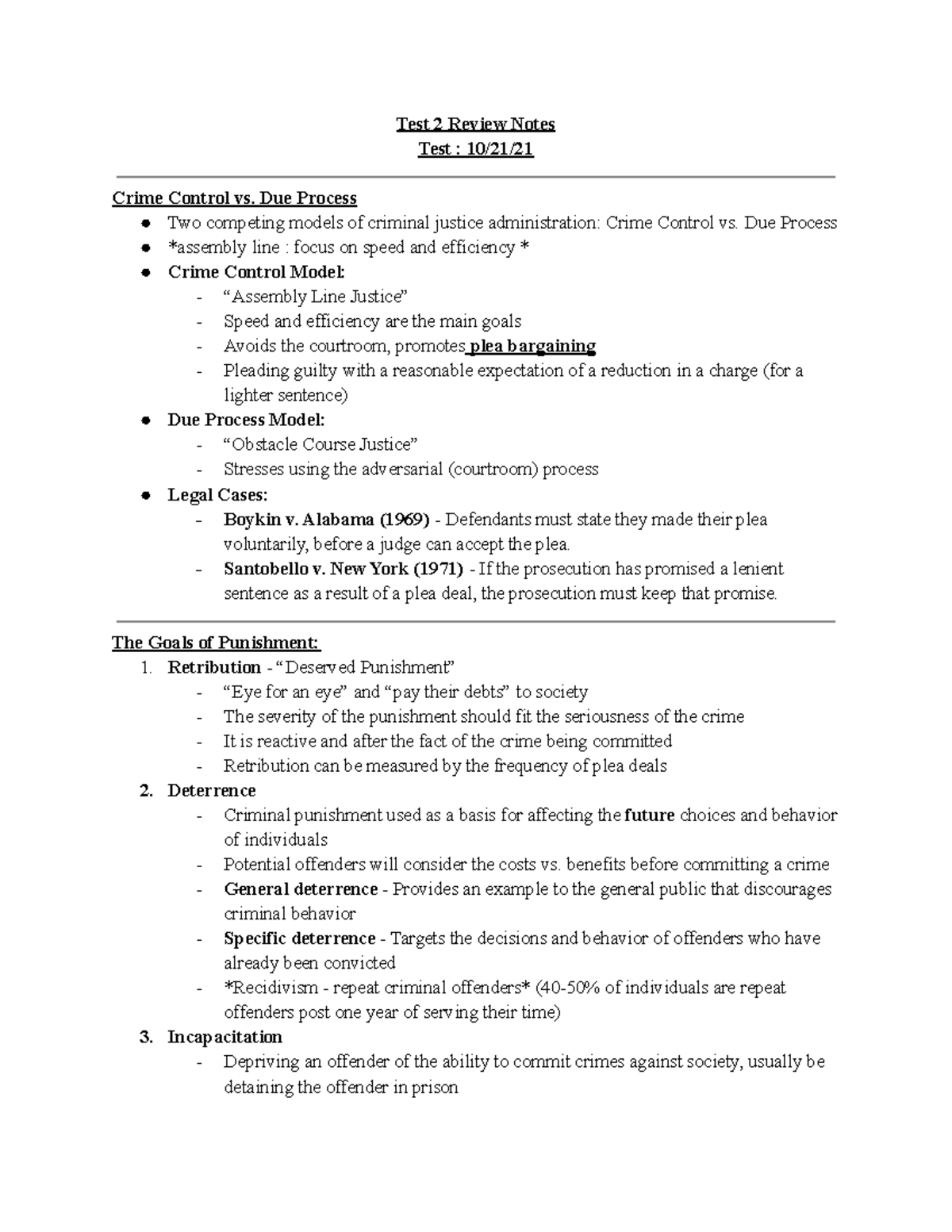 Test 2 Condensed Notes Test 2 Review Notes Test 1021 Crime Control Vs Due Process Two 