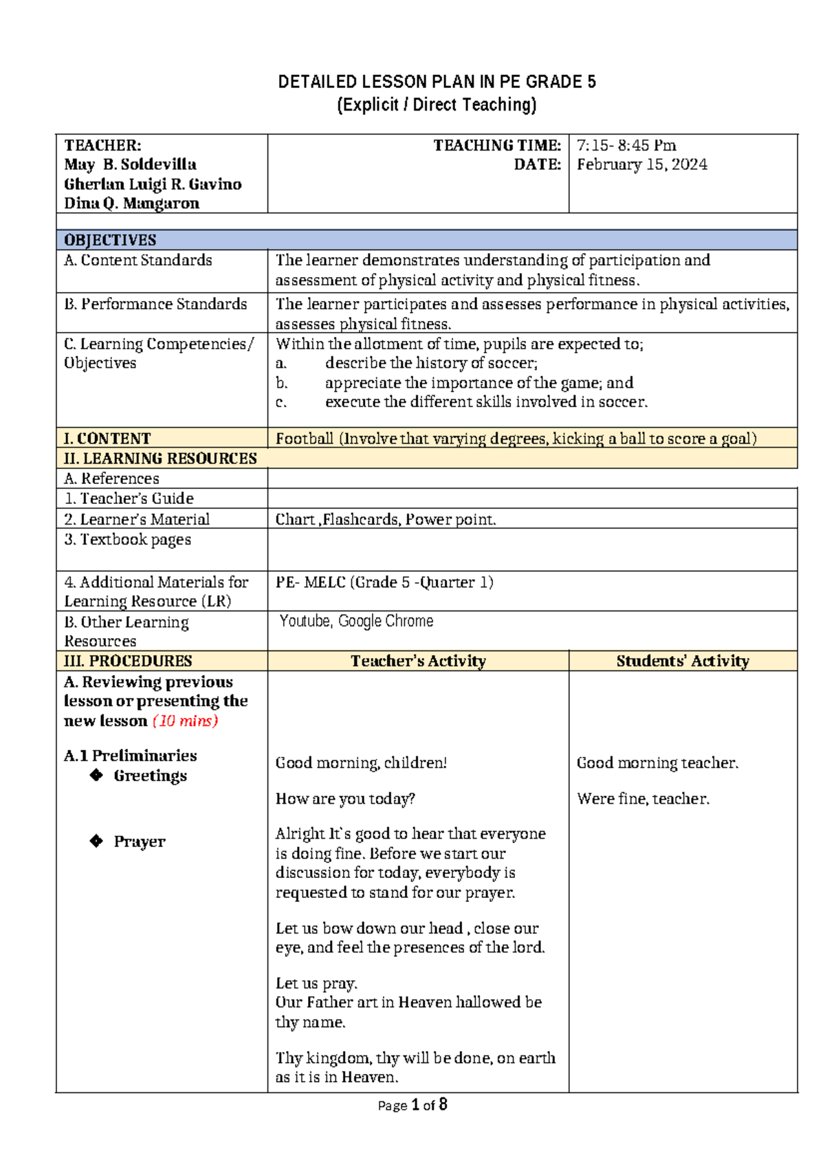 PE Grade 5 - DETAILED LESSON PLAN IN PE GRADE 5 (Explicit / Direct ...