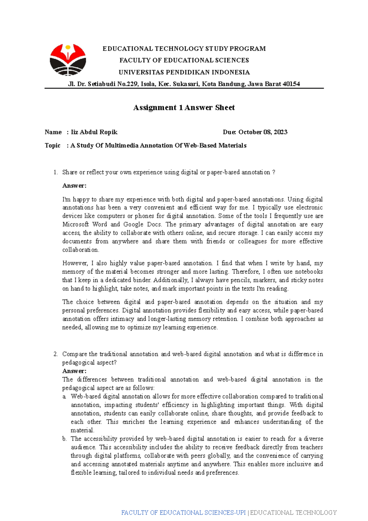 Answer Sheet Assignment 1 - FACULTY OF EDUCATIONAL SCIENCES-UPI ...