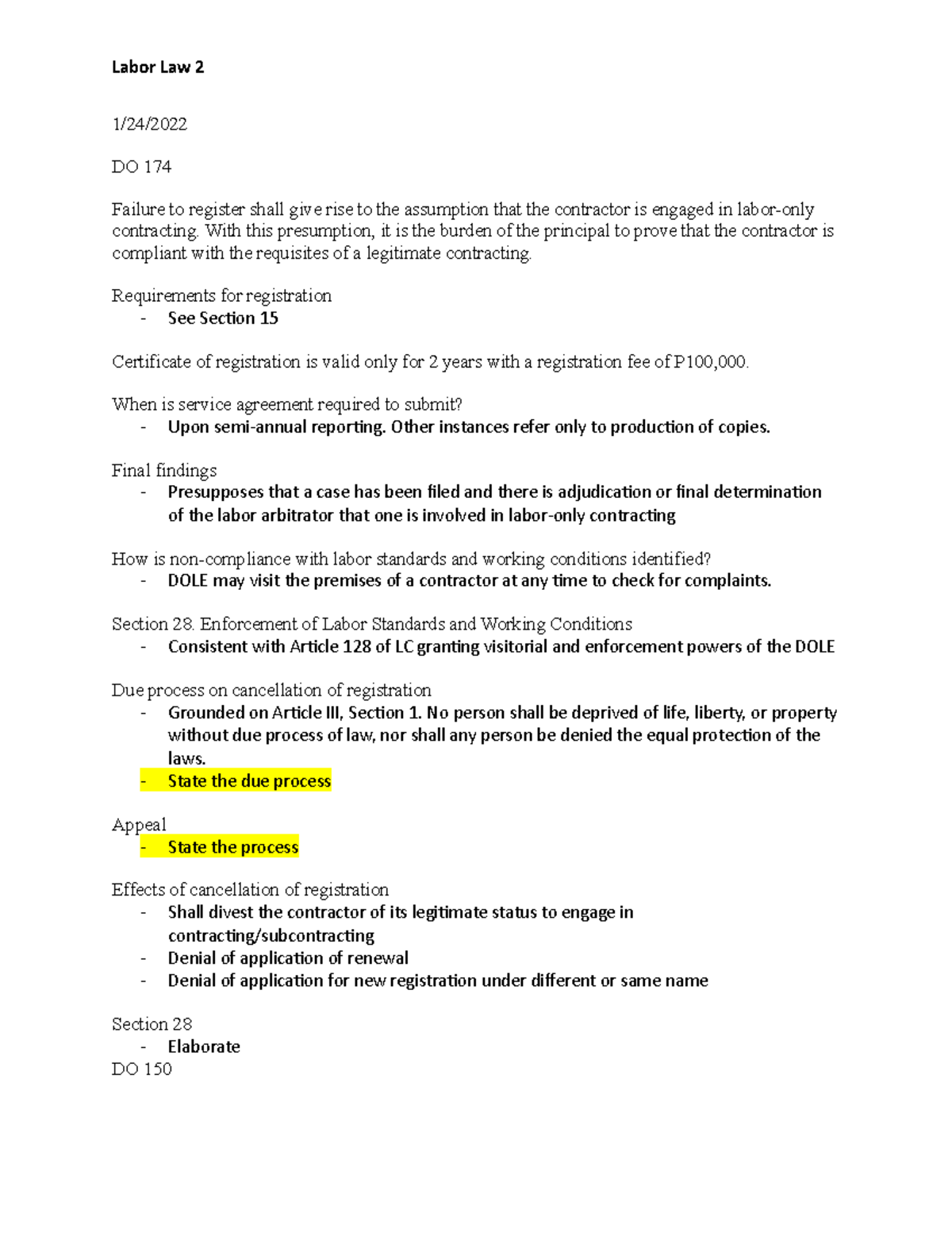 Labor Law 2 Notes - 1/24/ DO 174 Failure to register shall give rise to ...
