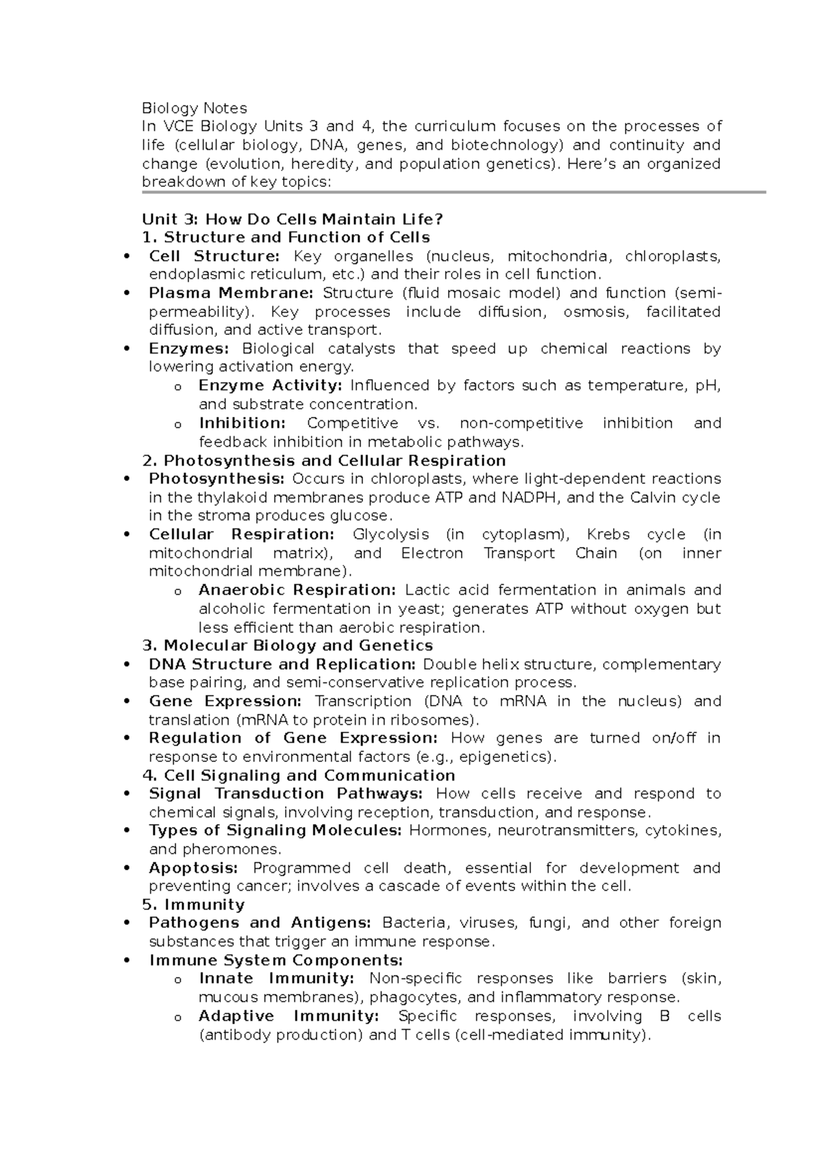 Biology Notes - Biology Notes In VCE Biology Units 3 and 4, the ...