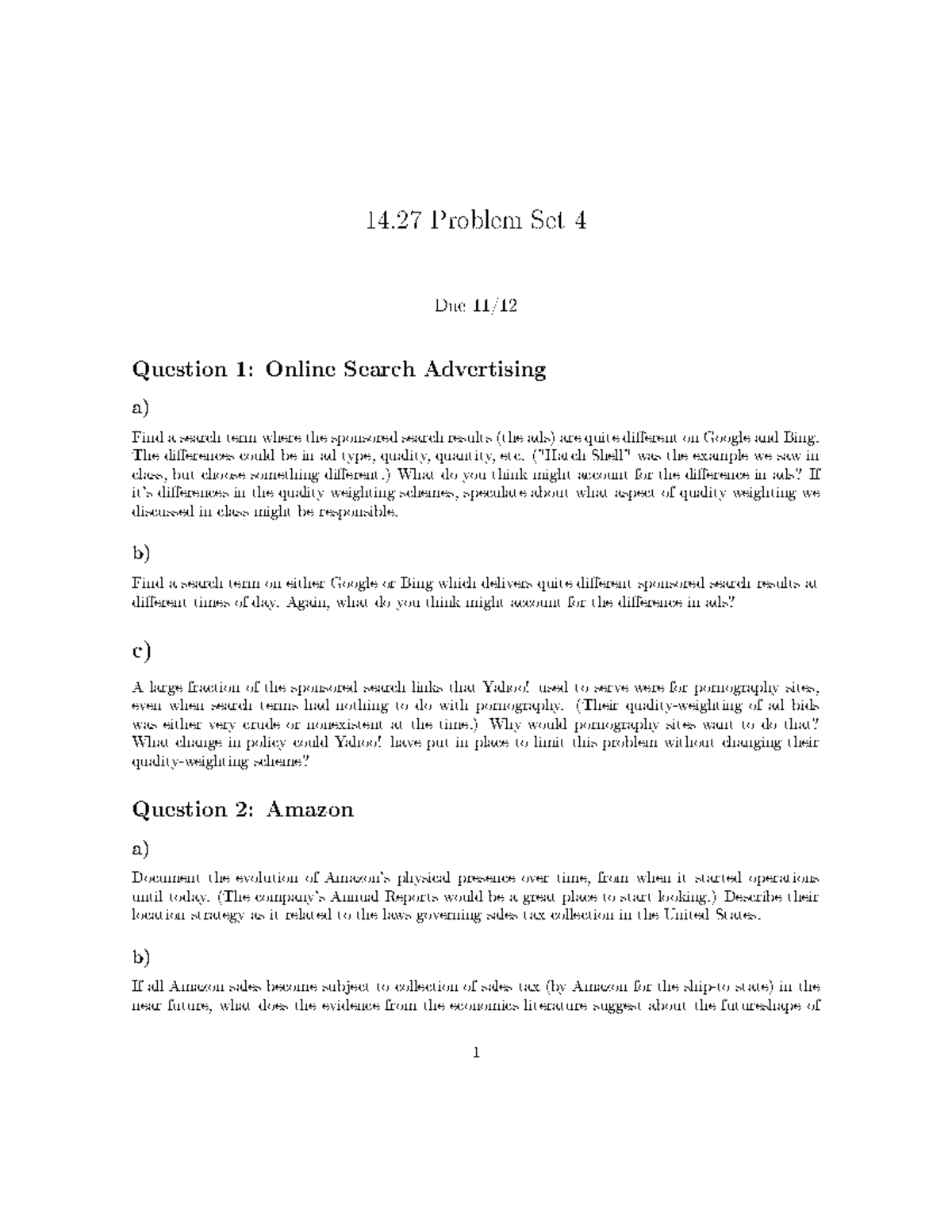 Seminar Assignments Problem Set 4 With Solutions 14 Problem Set 4 Due Question 1 Online