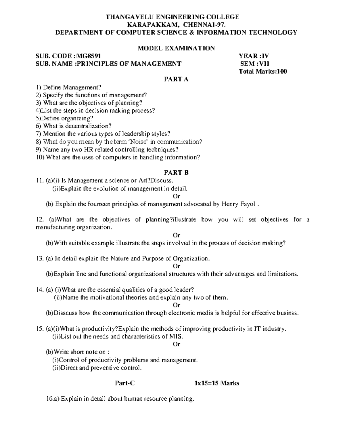 POM Model QP foo ffl9 - THANGAVELU ENGINEERING COLLEGE KARAPAKKAM, CHENNAI-97. DEPARTMENT OF ...