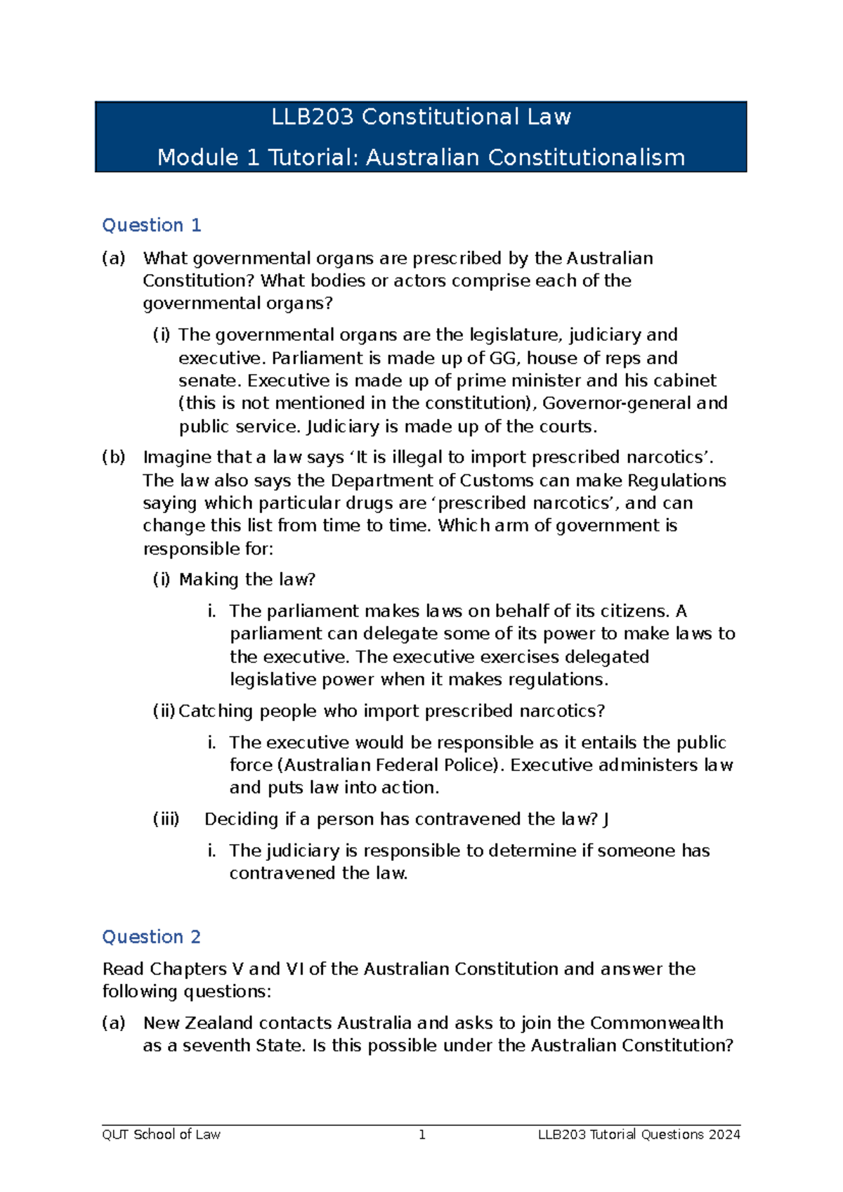 LLB203 Tutorial 1 Questions - LLB203 Constitutional Law Module 1 ...