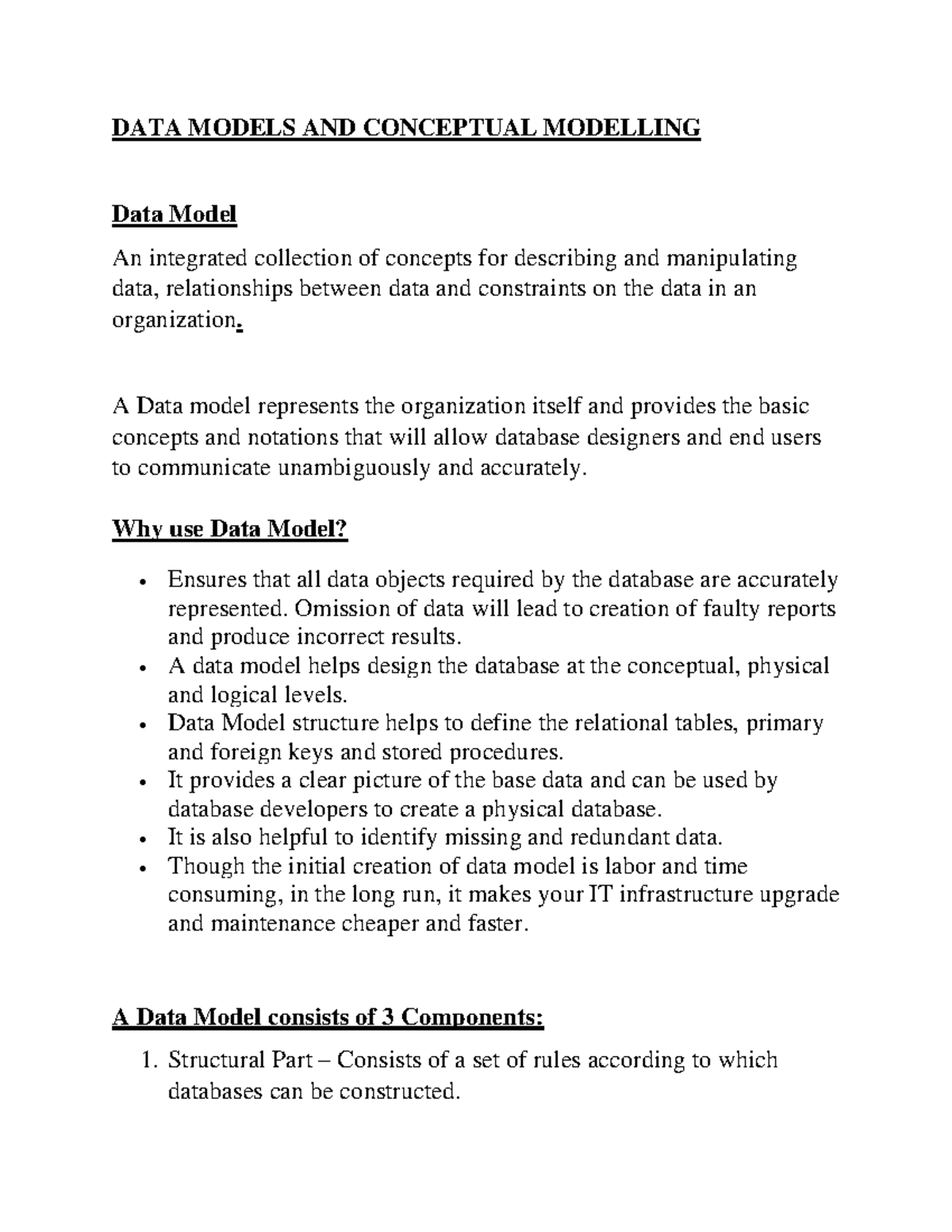 DATA Models AND Conceptual Modelling - DATA MODELS AND CONCEPTUAL MODELLING Data Model An ...
