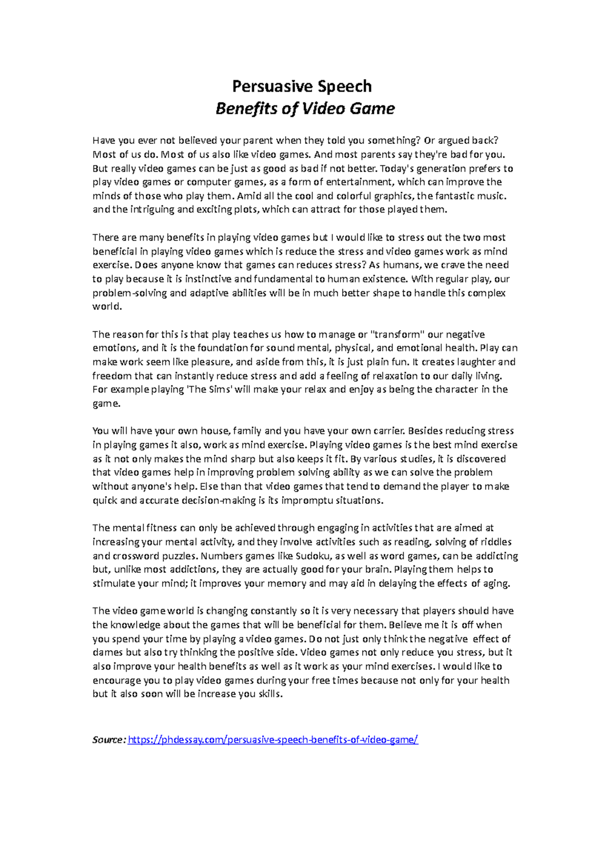 Benefits of Video Game - ... - Persuasive Speech Benefits of Video Game ...