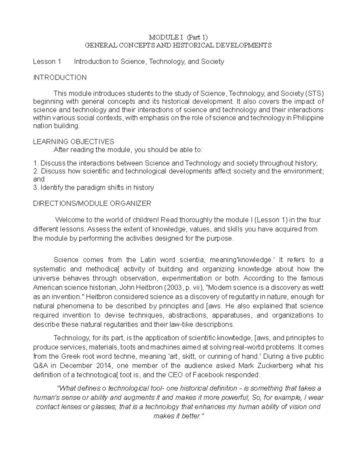 SCI-TECH- Prelims - MODULE I (Part 1) GENERAL CONCEPTS AND HISTORICAL DEVELOPMENTS Lesson 1 ...