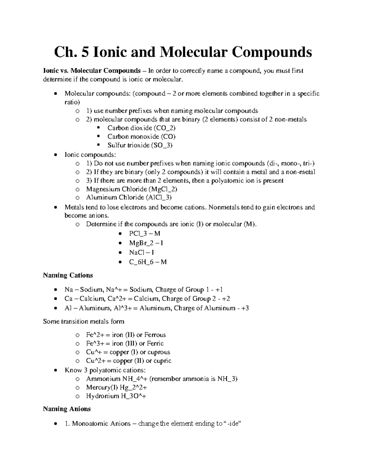 CHEM 1411 CH.5 notes - Ch. 5 Ionic and Molecular Compounds Ionic vs ...