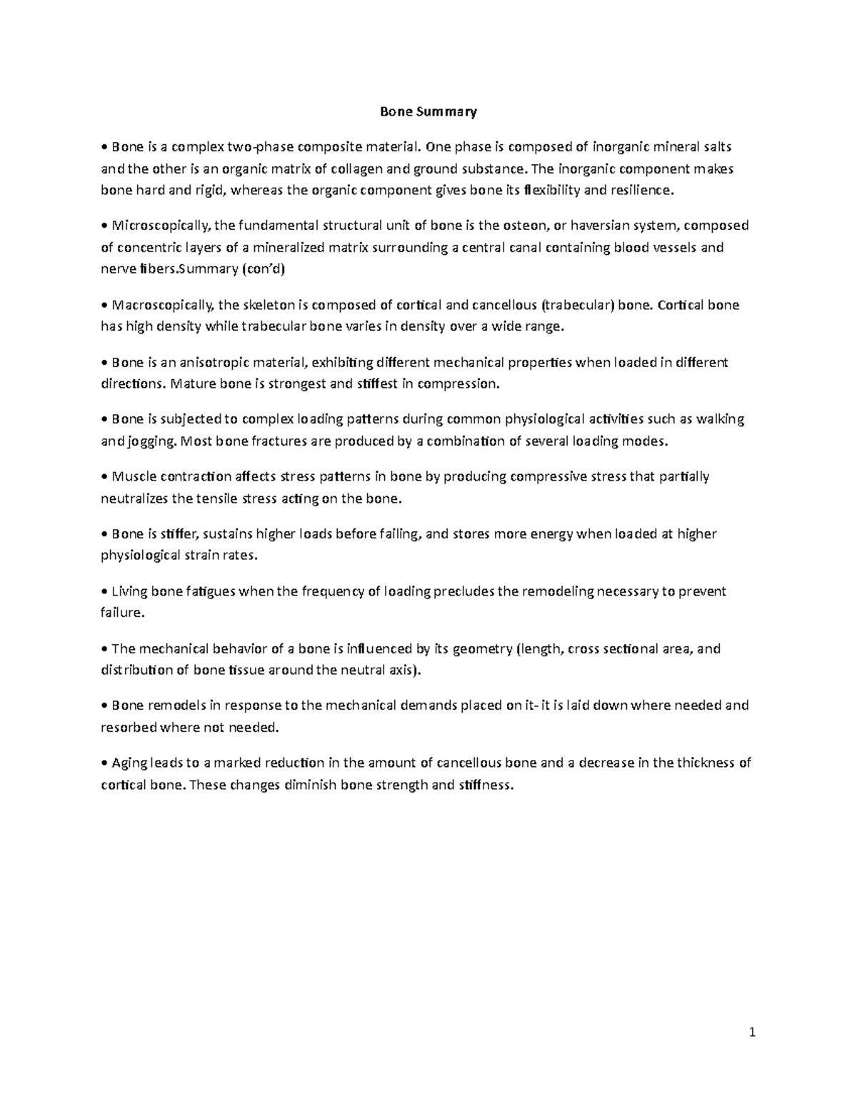 Biomechanics summaries - Bone Summary Bone is a complex two-phase ...