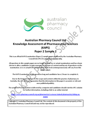 KAPS Paper 1 Sample 1 - lecture - Australian Pharmacy Council Ltd ...