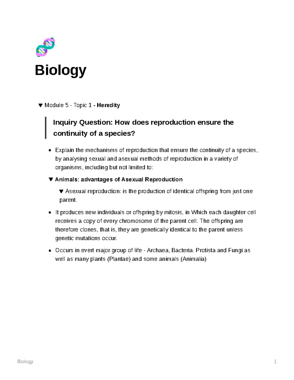 Biology - Study notes - Biology Module 5 - Topic 1 - Heredity Inquiry ...