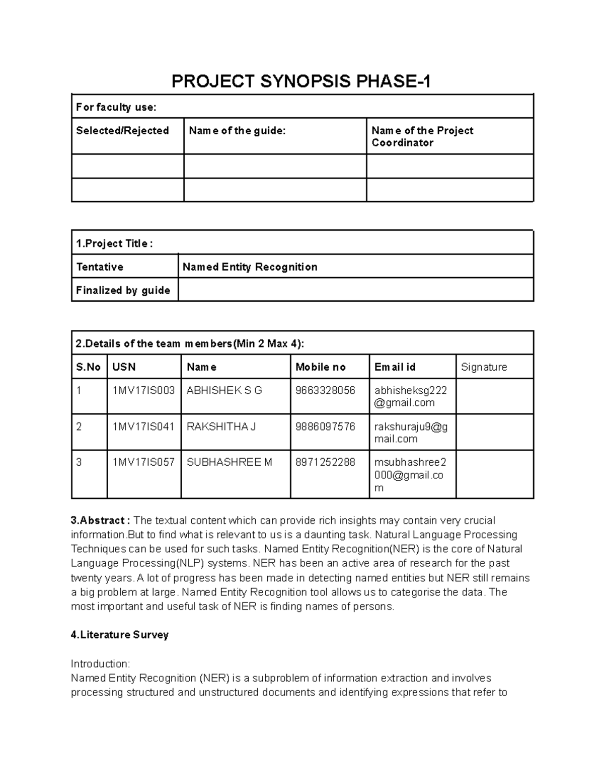 NER Project Synopsis Phase-1 - PROJECT SYNOPSIS PHASE- For faculty use ...