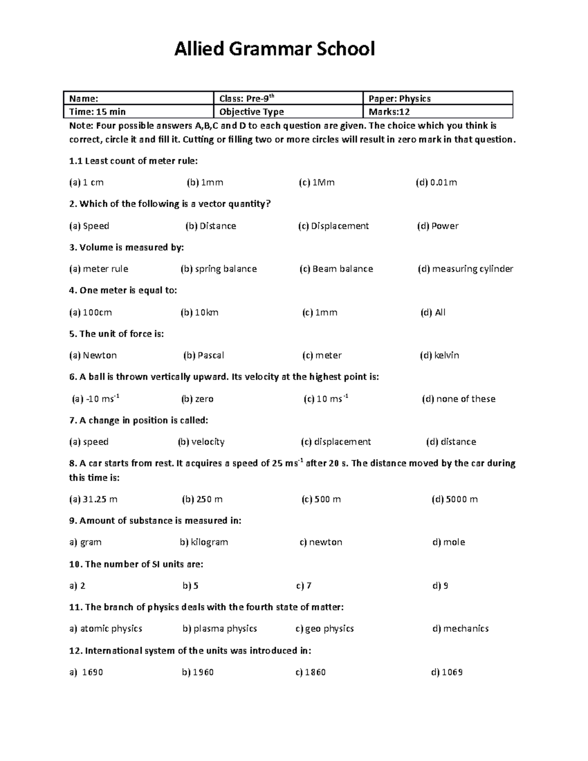 Pre-9th phy - practice set - Name: Class: Pre-9th Paper: Physics Time ...
