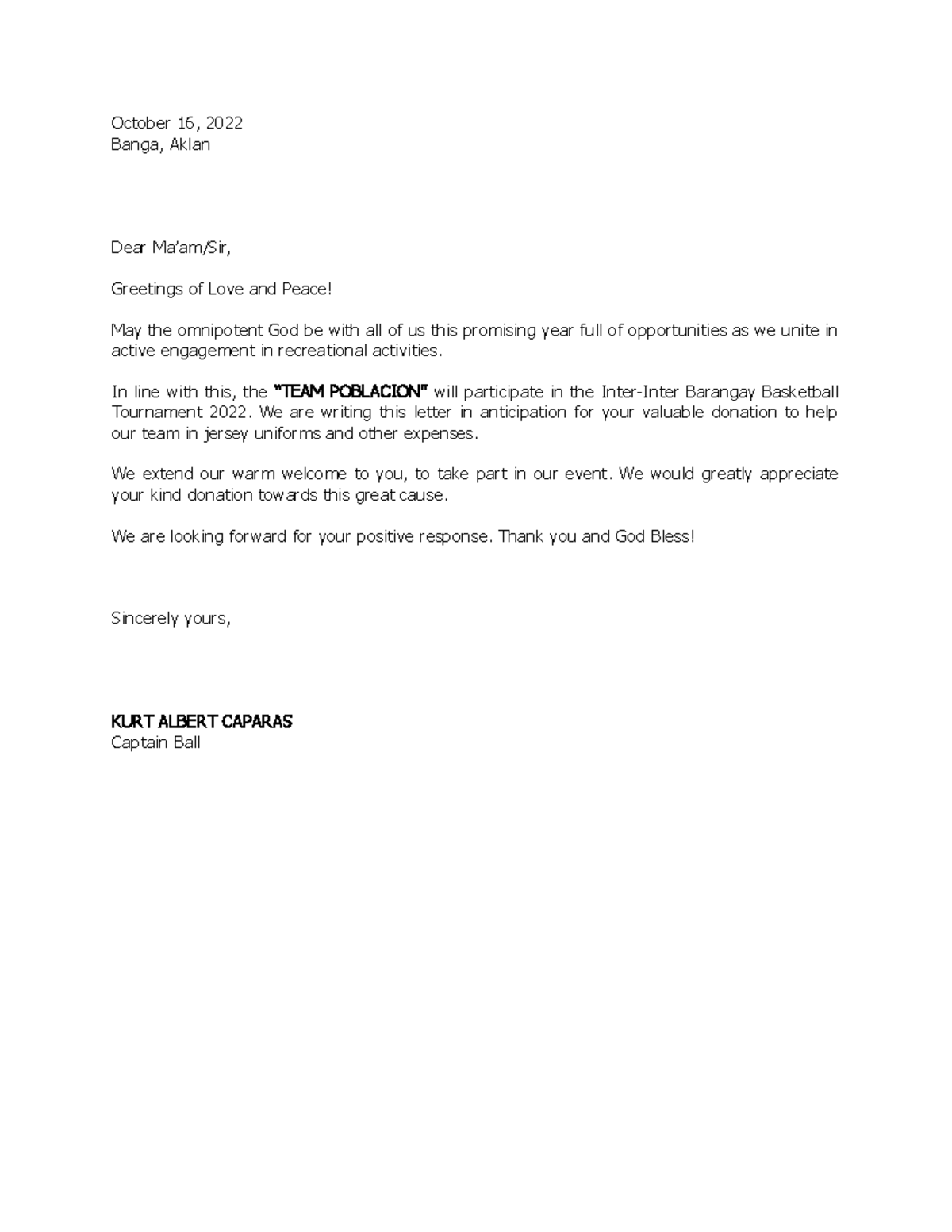 Basketball- Solicitation- Letter - October 16, 2022 Banga, Aklan Dear ...