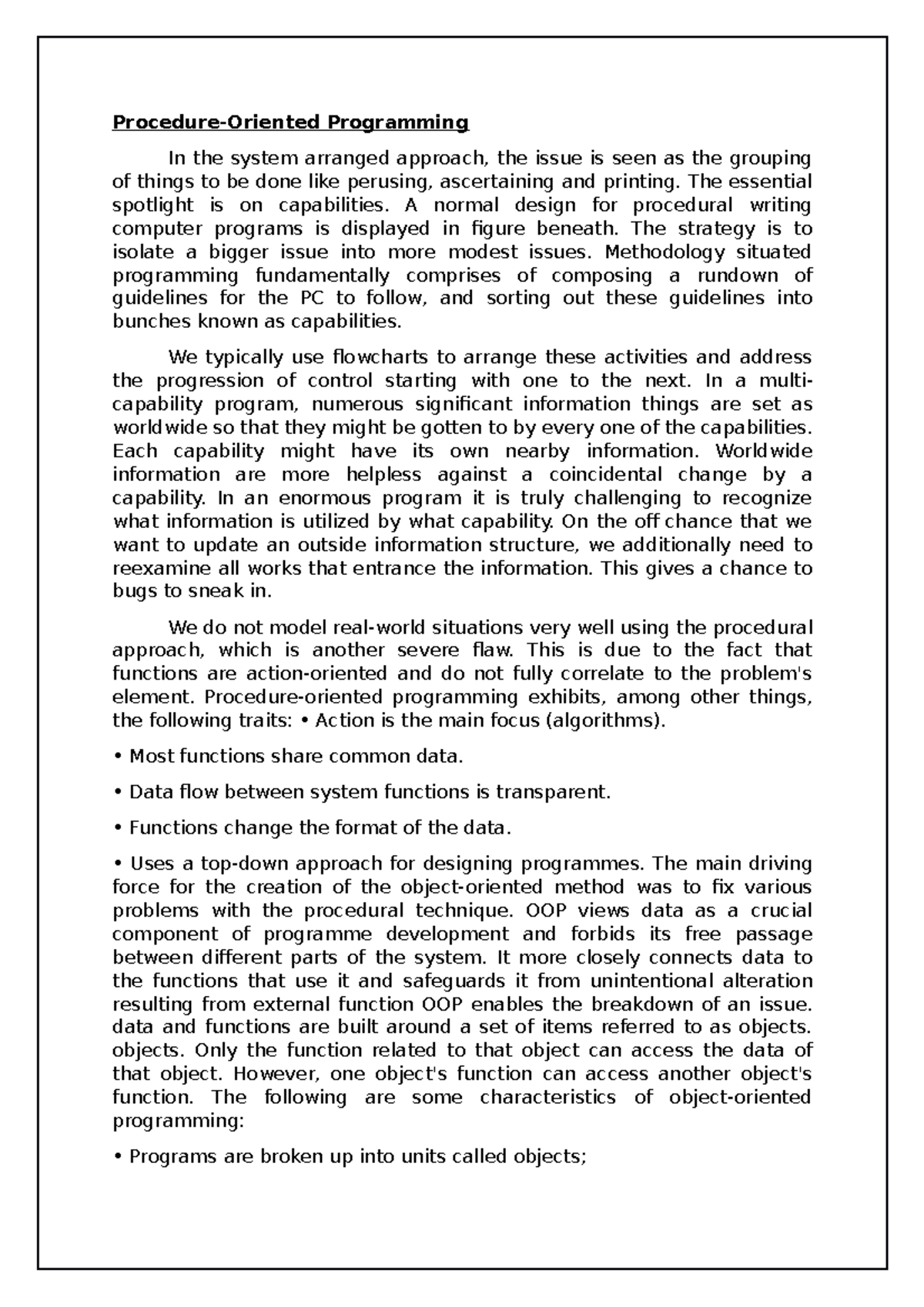 Object Oriented Programming Procedure Oriented Programming In The