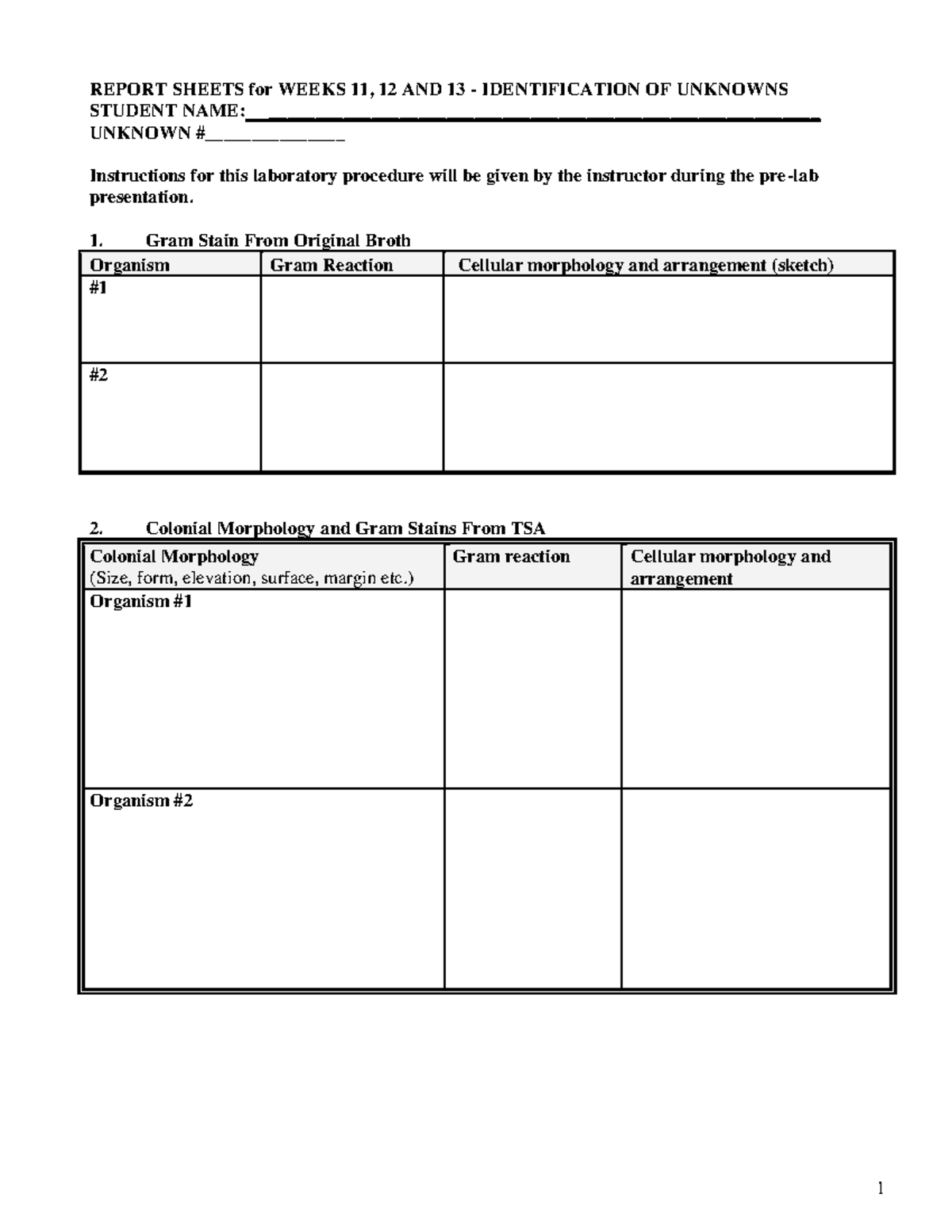 Lab 13 Bacterial ID reporting sheets - REPORT SHEETS for WEEKS 11, 12 ...