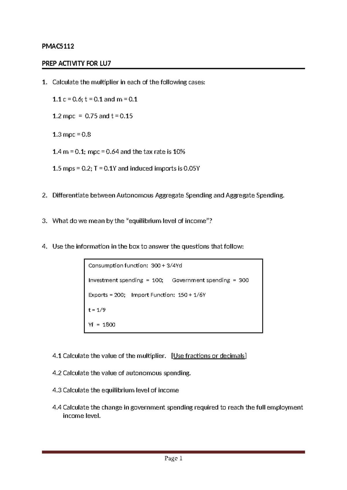 PMAC5112 Prep Activity for LU7 - PMAC PREP ACTIVITY FOR LU 1. Calculate ...