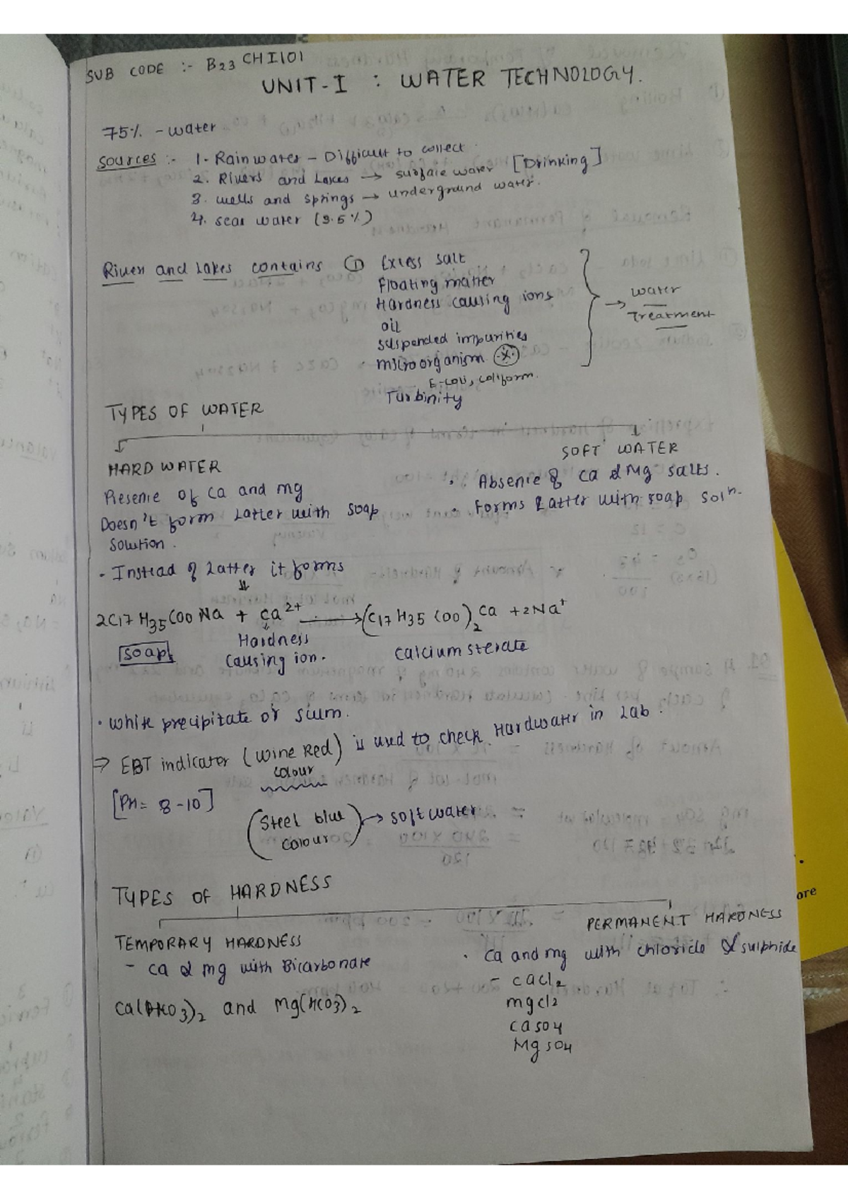 Chemistry lecture notes - SUB CODE B23 CHI101 UNIT I : WATER TECHNOLOGY ...