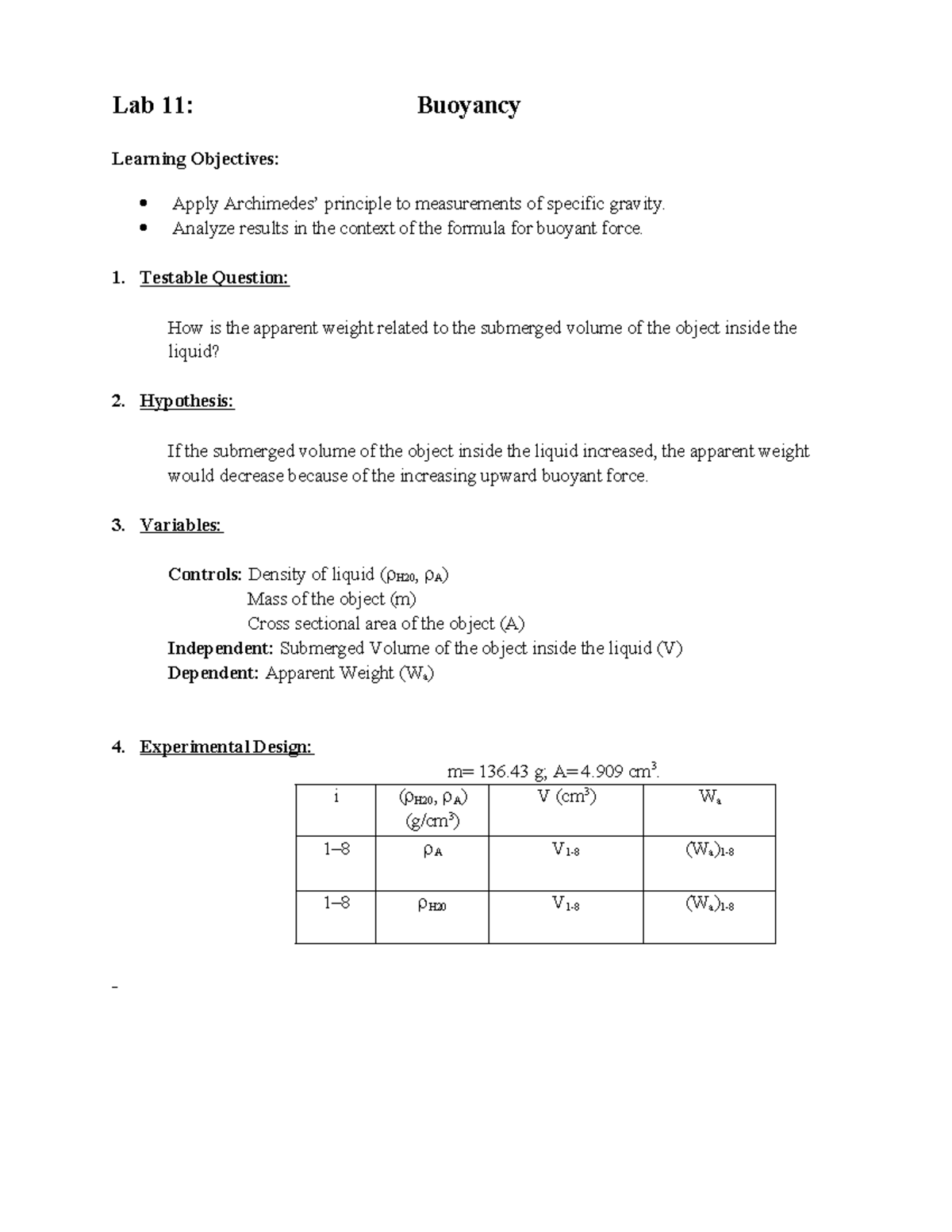 PHY111L Lab 11 Buoyancy 3 - Lab 11: Buoyancy Learning Objectives: Apply ...