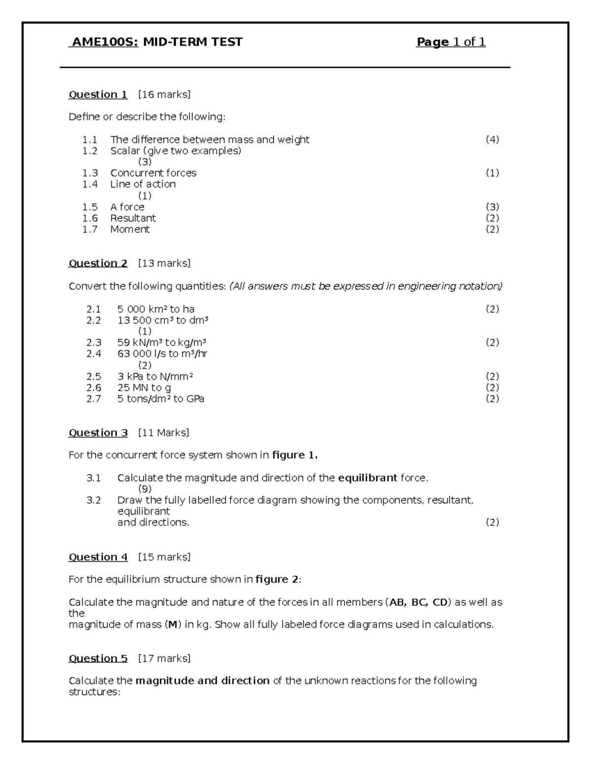AME100S - Mid Term Test - AME100S : MID-TERM TEST Page 1 of 1 Question ...