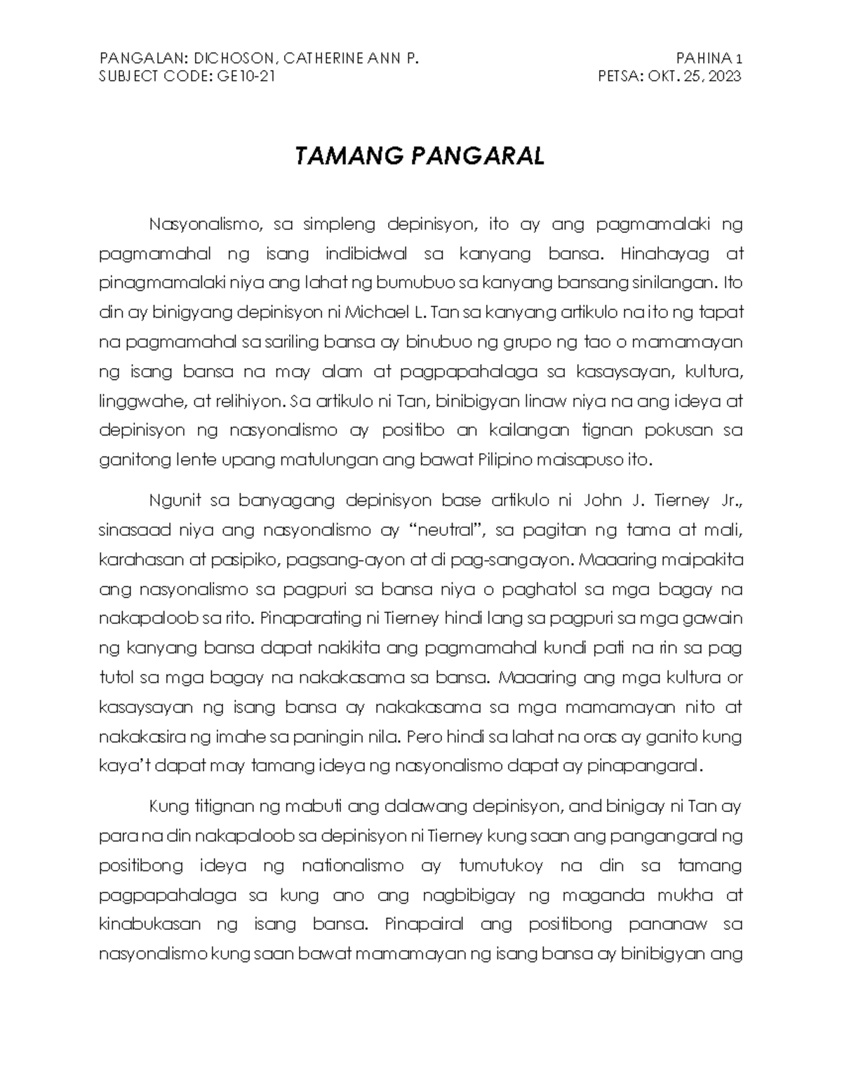 Tamang Pangaral Nasyonalismo - PANGALAN: DICHOSON, CATHERINE ANN P ...