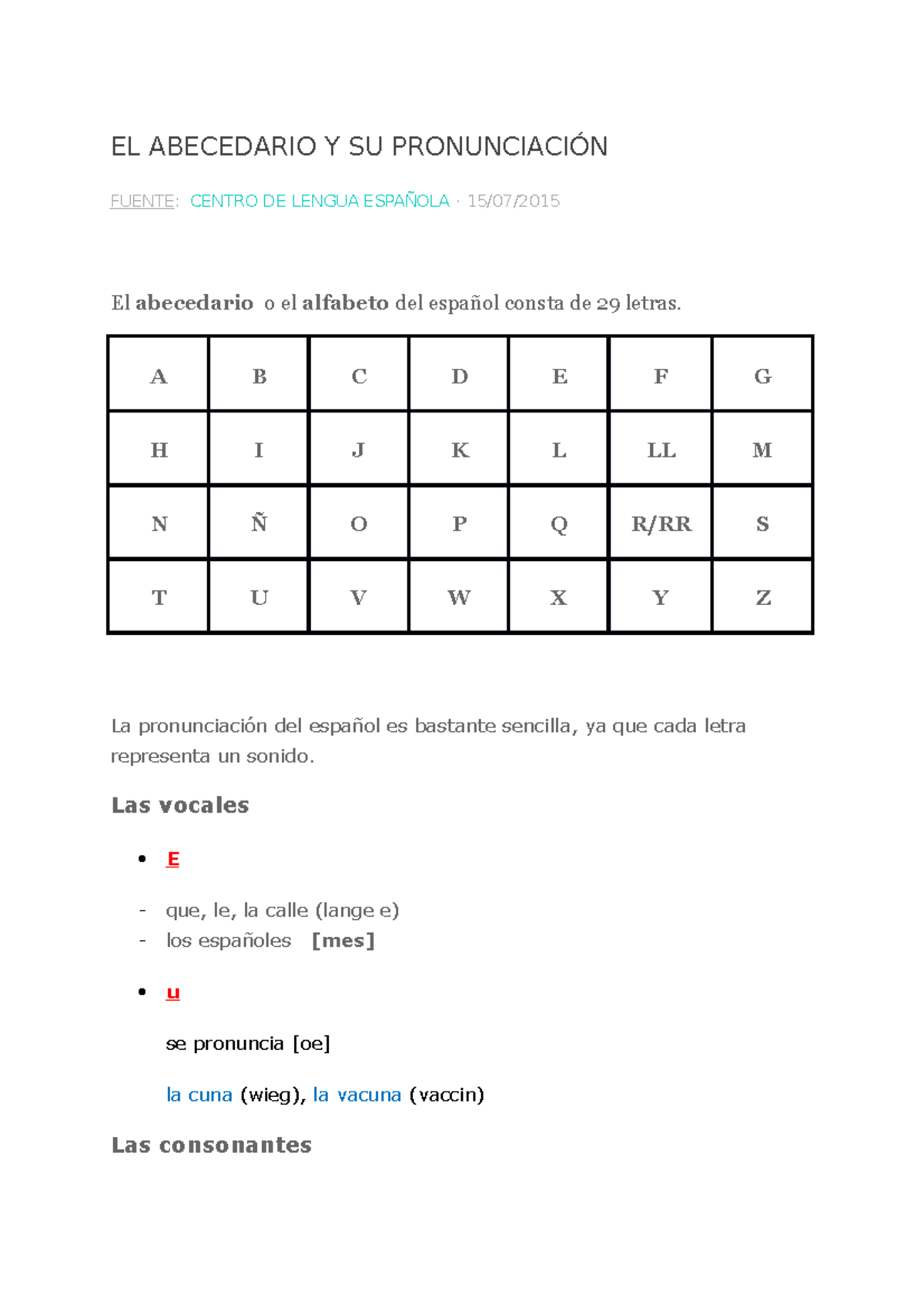 La pronunciación con el alfabeto - EL ABECEDARIO Y SU PRONUNCIACIÓN ...