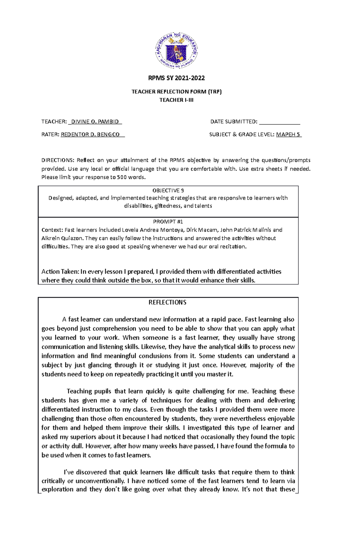 TRF-Gifted - hi this file may help you. - RPMS SY 2021- TEACHER ...