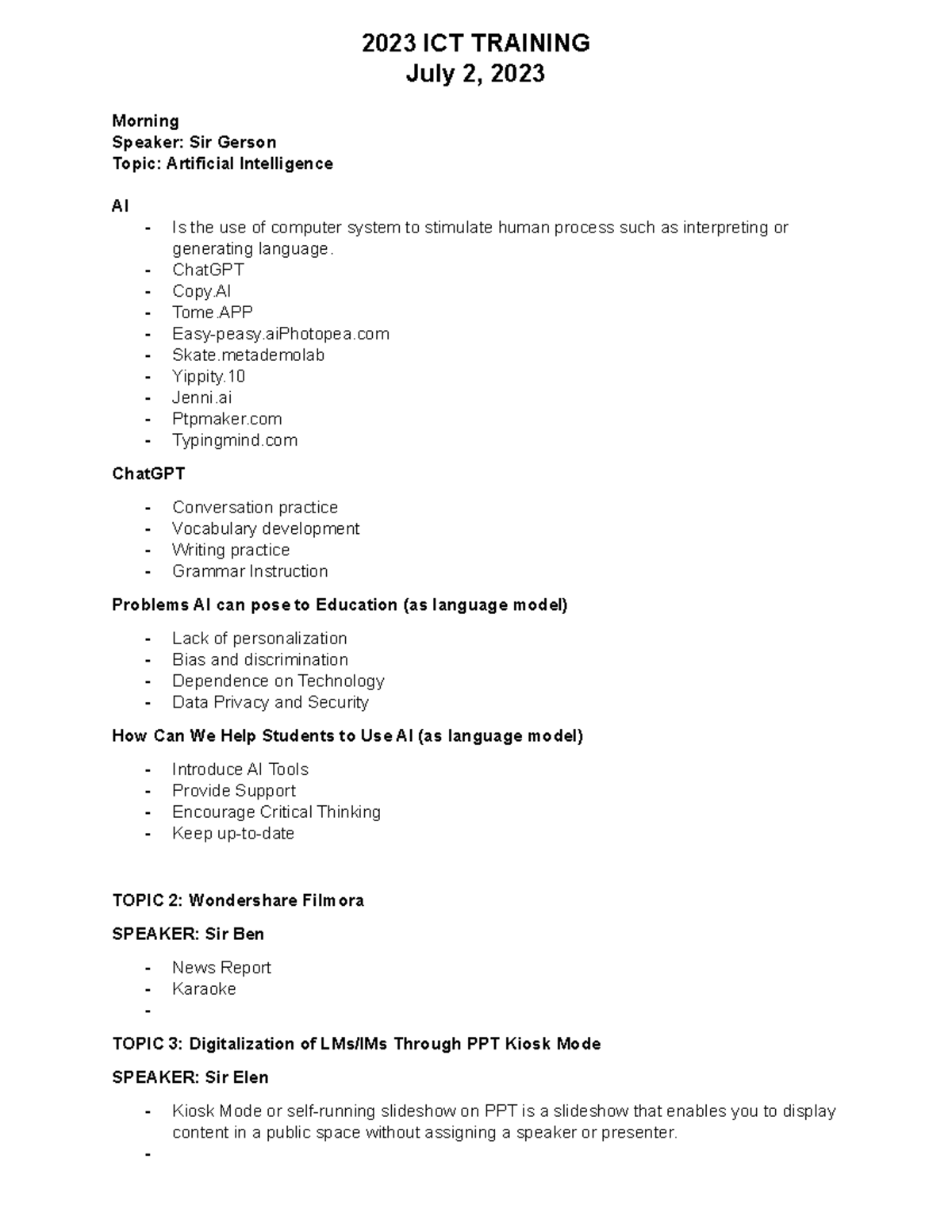 2023 ICT Training (notes) - 2023 ICT TRAINING July 2, 2023 Morning ...