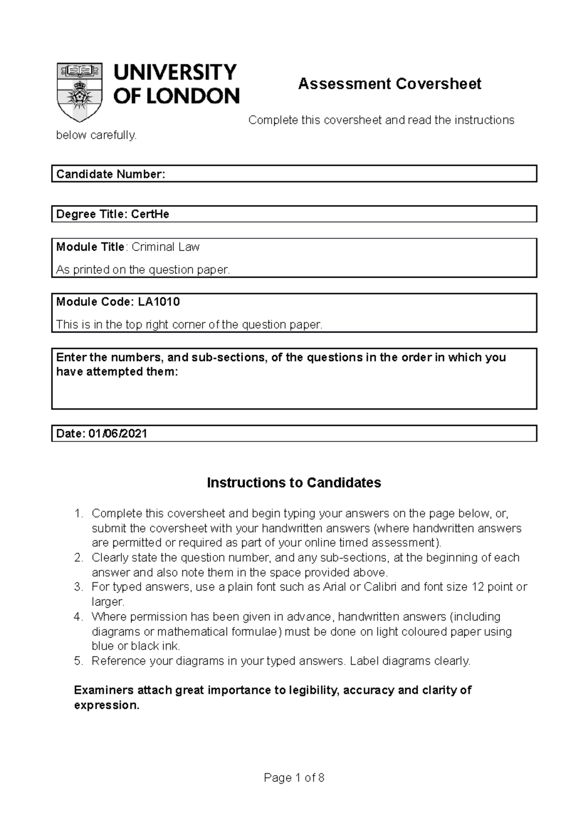 Criminal paper 2021 - Assessment Coversheet Complete this coversheet ...