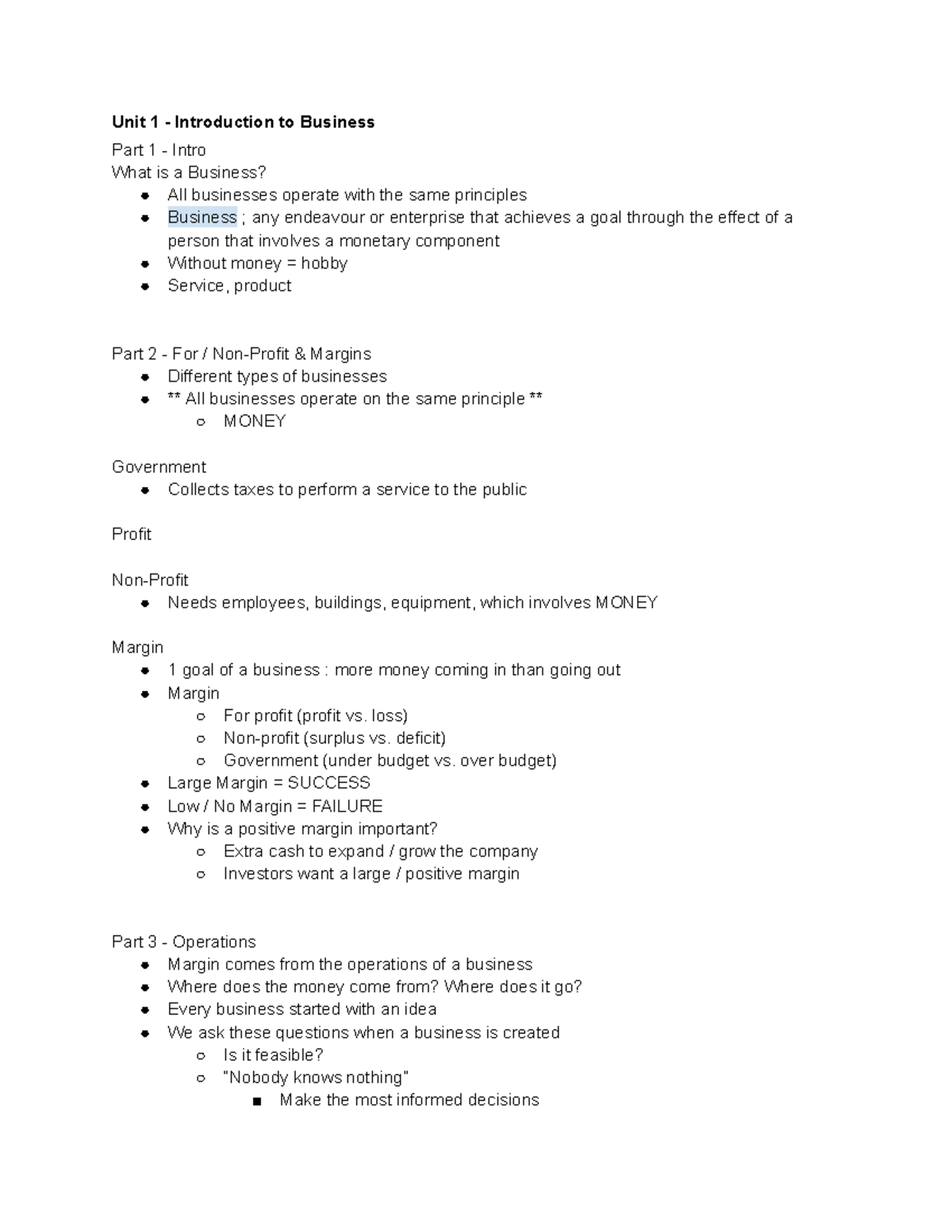 CS 1032 Final EXAM Notes - Unit 1 - Introduction to Business Part 1 ...