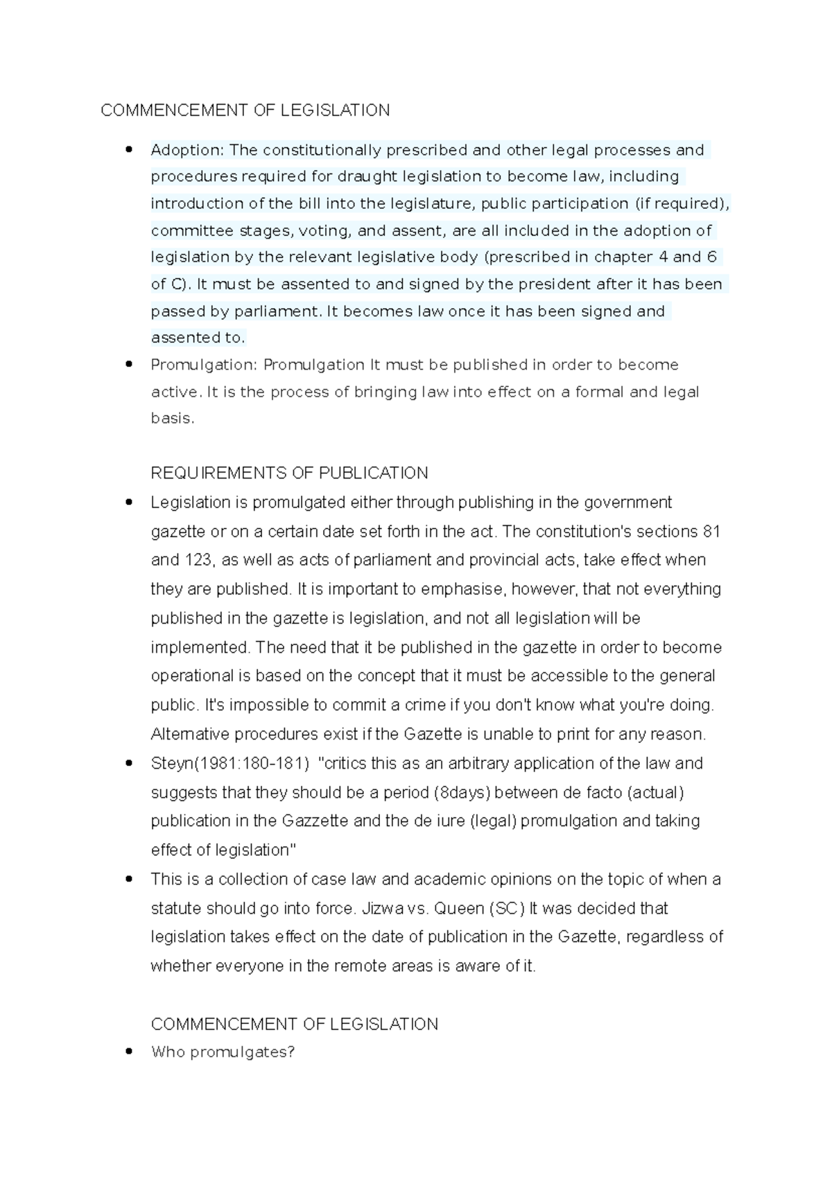 Commencement OF Legislation - COMMENCEMENT OF LEGISLATION Adoption: The ...