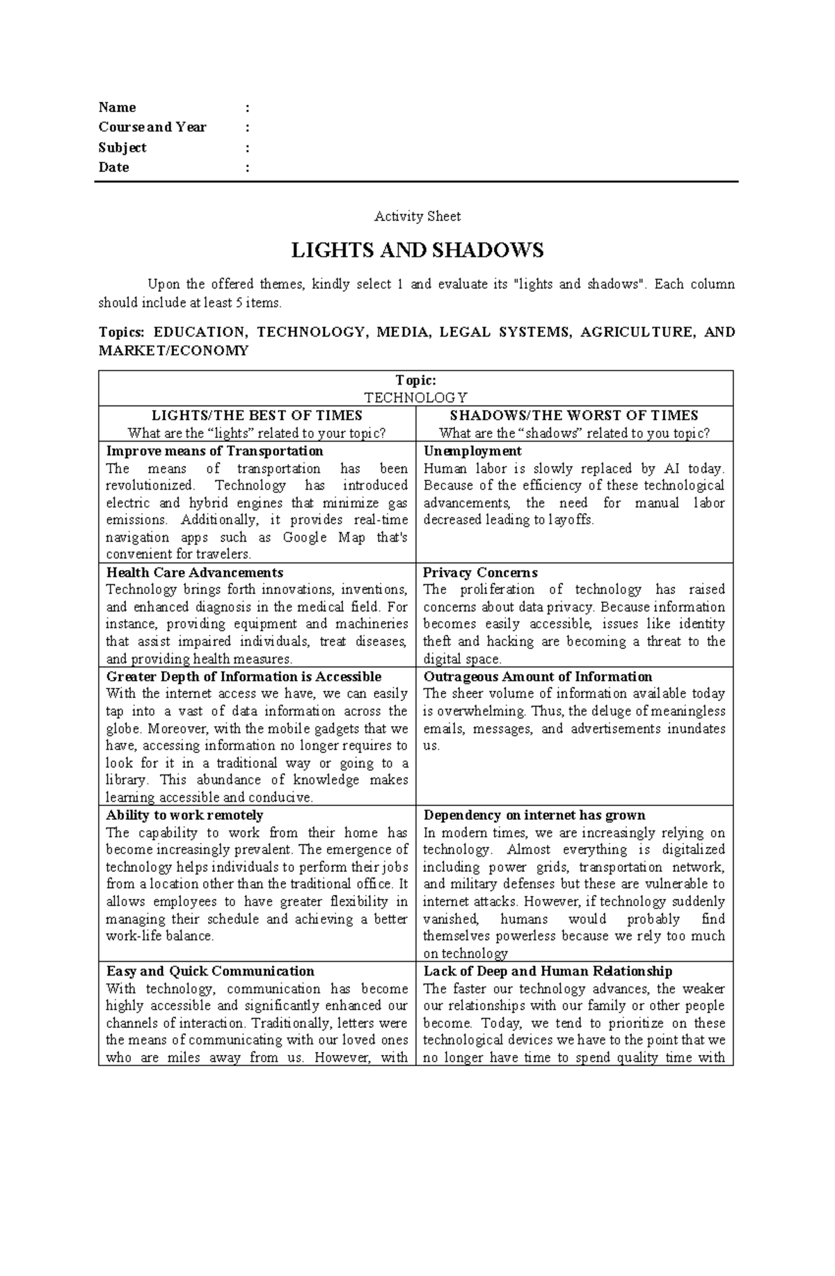 Activity Sheet - Lights and Shadows - Name : Course and Year : Subject ...