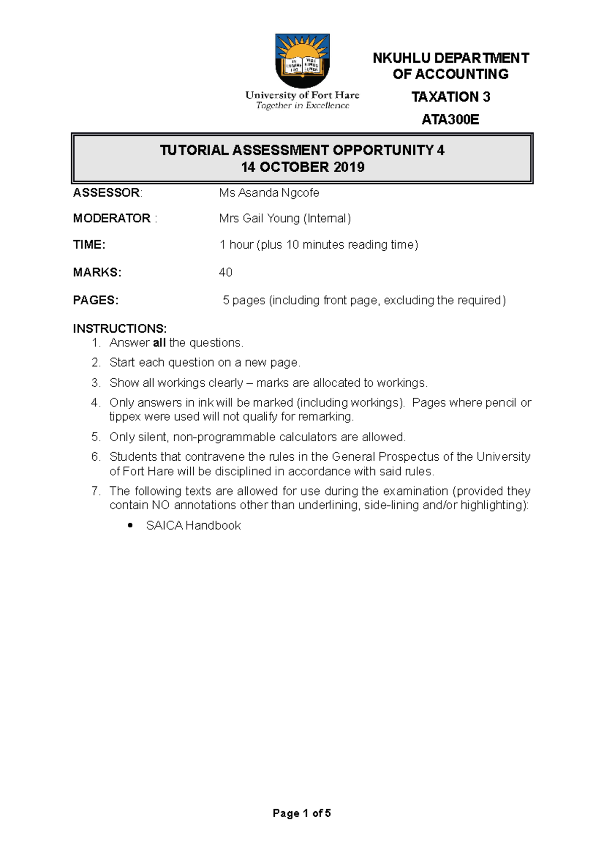 Tax 3 Tut test 4 - question - NKUHLU DEPARTMENT OF ACCOUNTING TAXATION ...