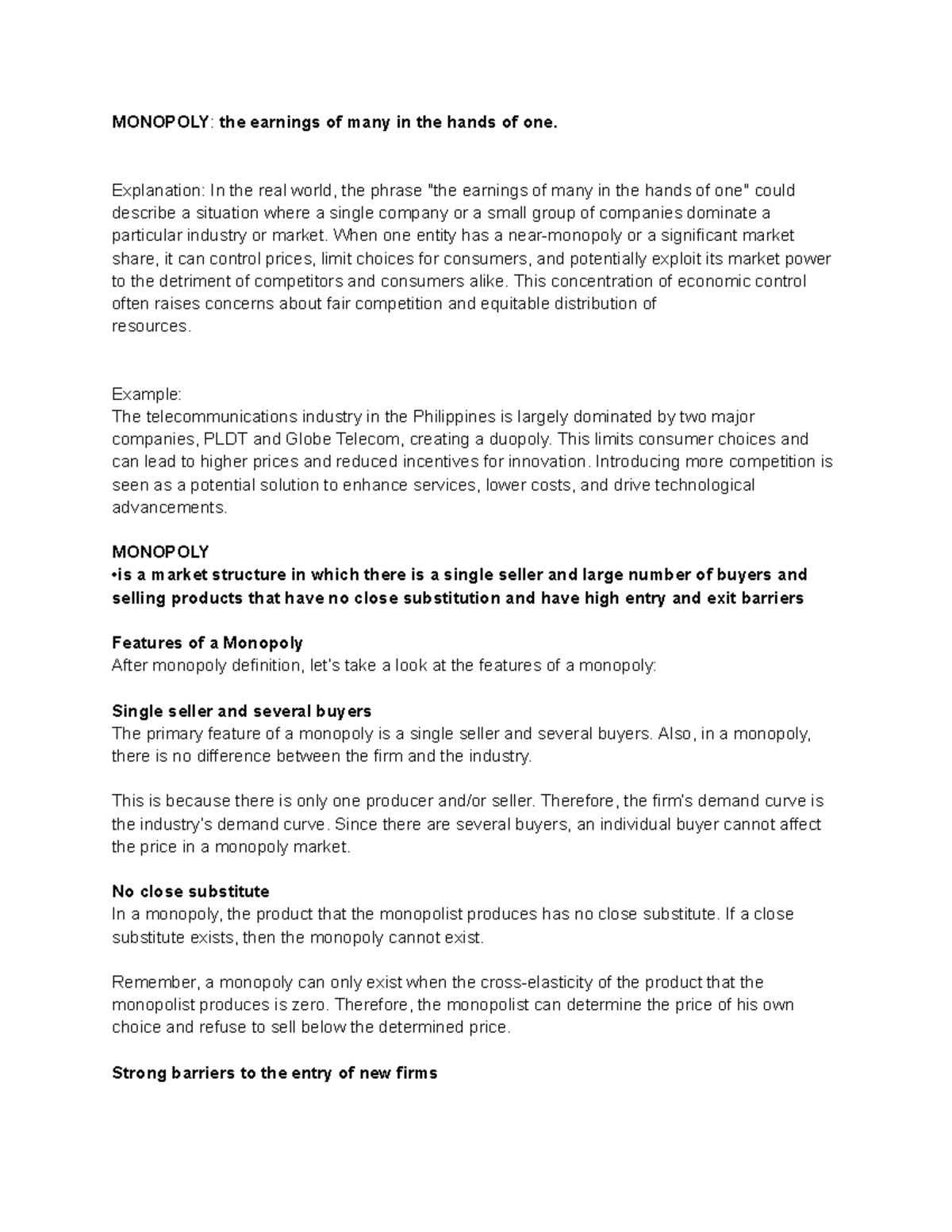 Chapter 8- Monopoly - MONOPOLY: the earnings of many in the hands of ...