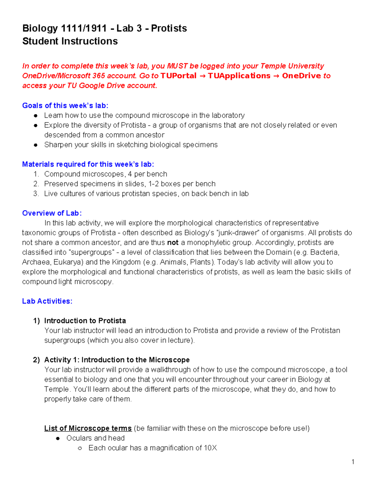 Lab 3 - Protists - Student Instructions - Biology 1111/1911 - Lab 3 - Protists Student ...
