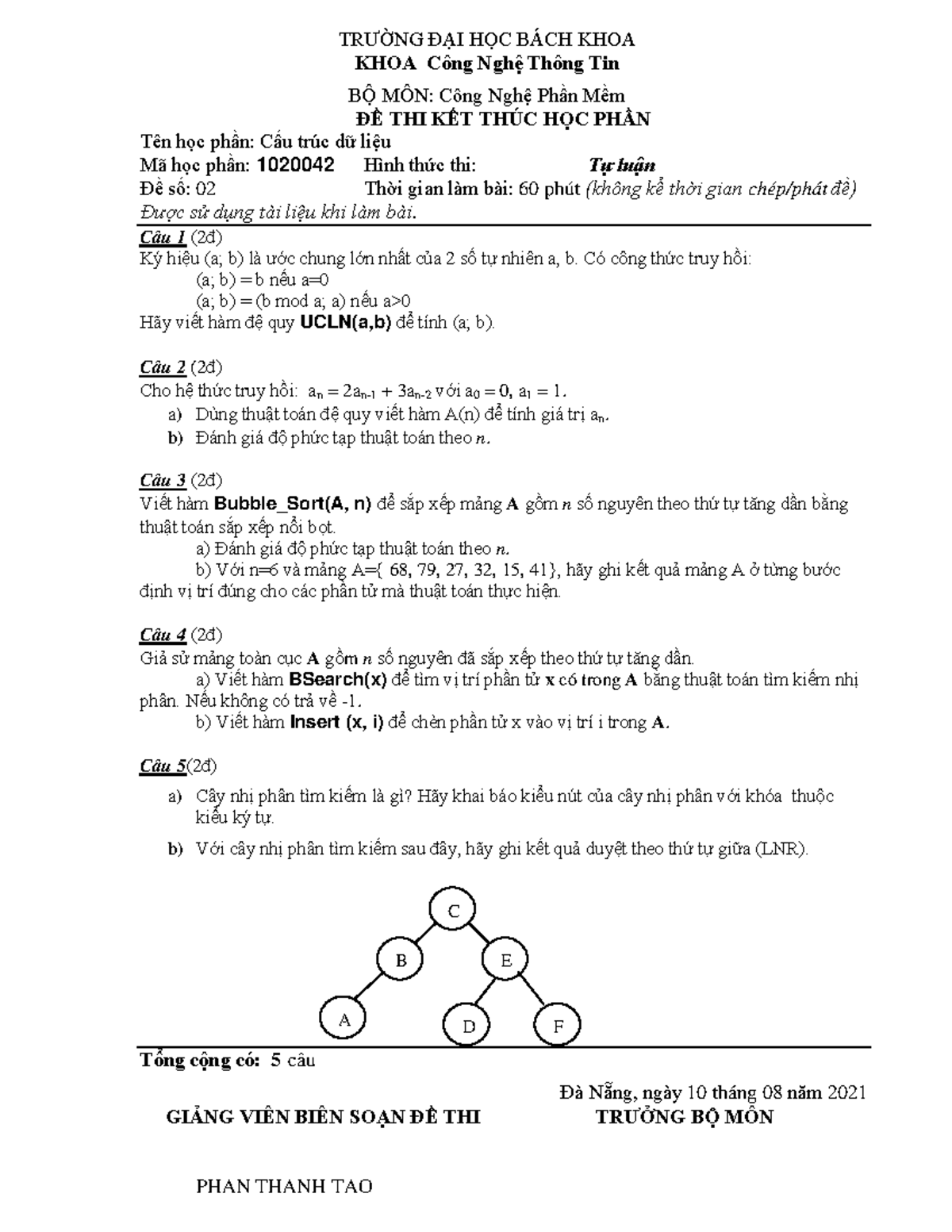 De-2 CTDL - dfdfdfdfd - TR ̄àNG Đ¾I HàC BÁCH KHOA KHOA Công Nghệ Thông ...