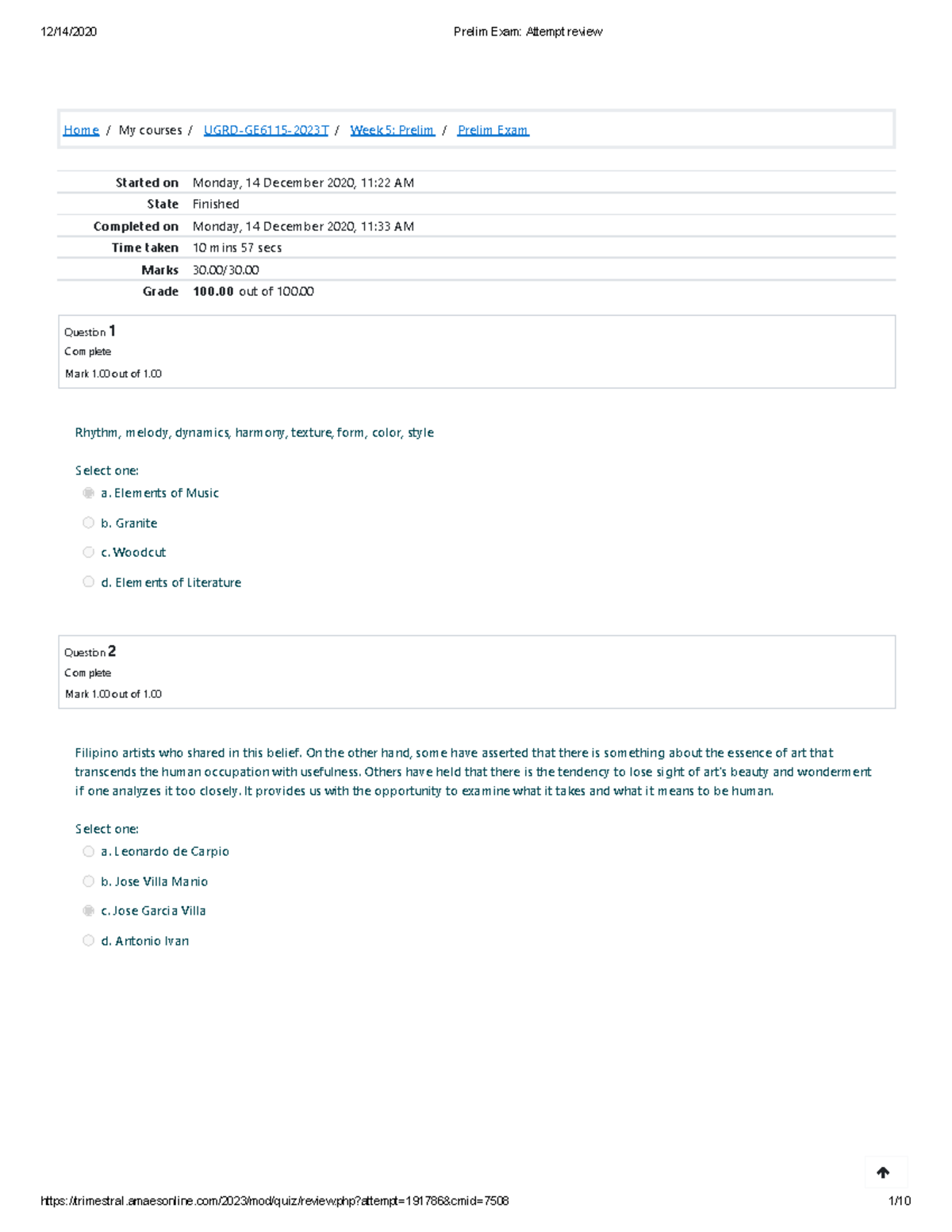 Prelim Exam Attempt review 100 - Ethics - Studocu