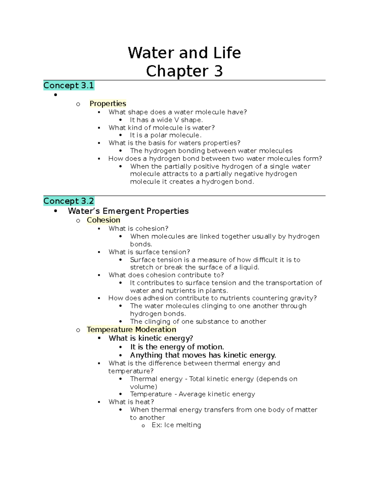 Chapter 3 Study Guide - Biology - Water and Life Chapter 3 Concept 3. o ...