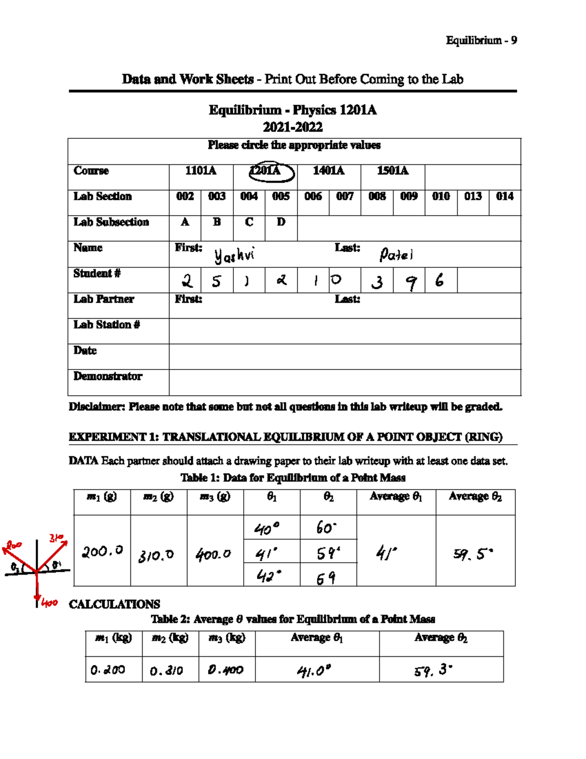 Equilibrium lab - 0 Ya s h i n ####### Patel 2 5 1 2 10 3 9 6 40° 60° H ...