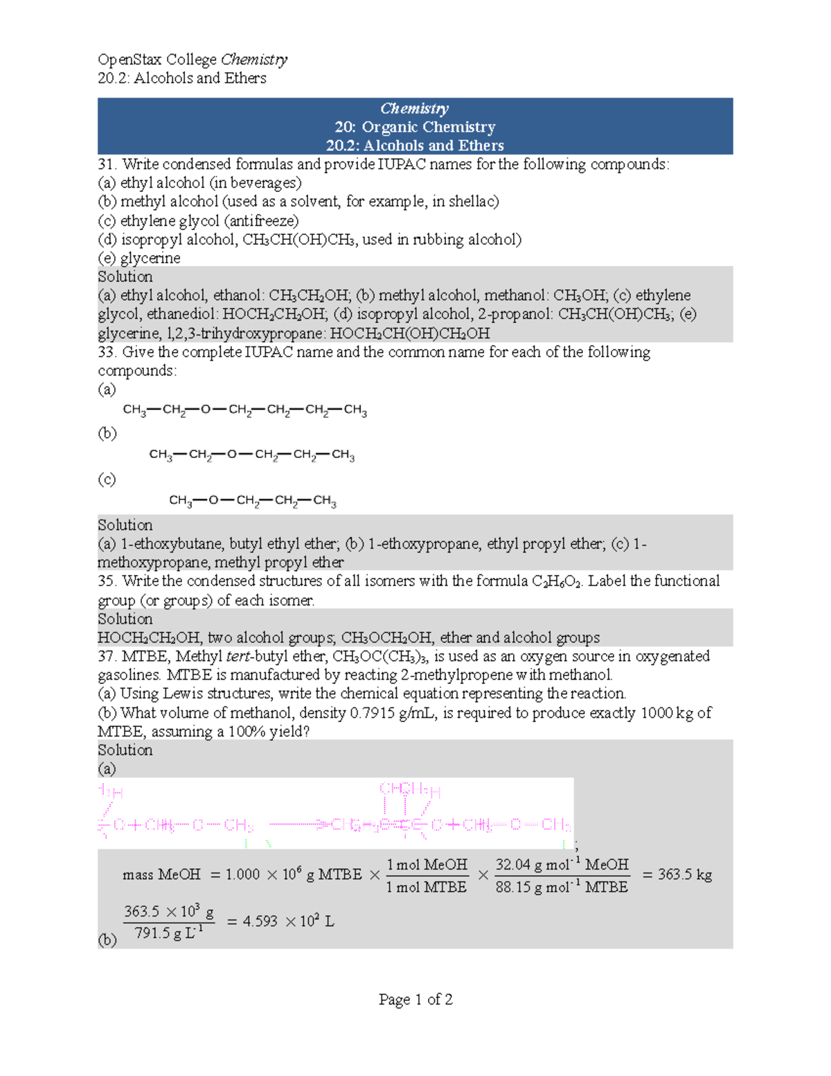 CNX Chemistry SSM Ch20 Mod02 - OpenStax College Chemistry 20: Alcohols and Ethers Chemistry 20 ...