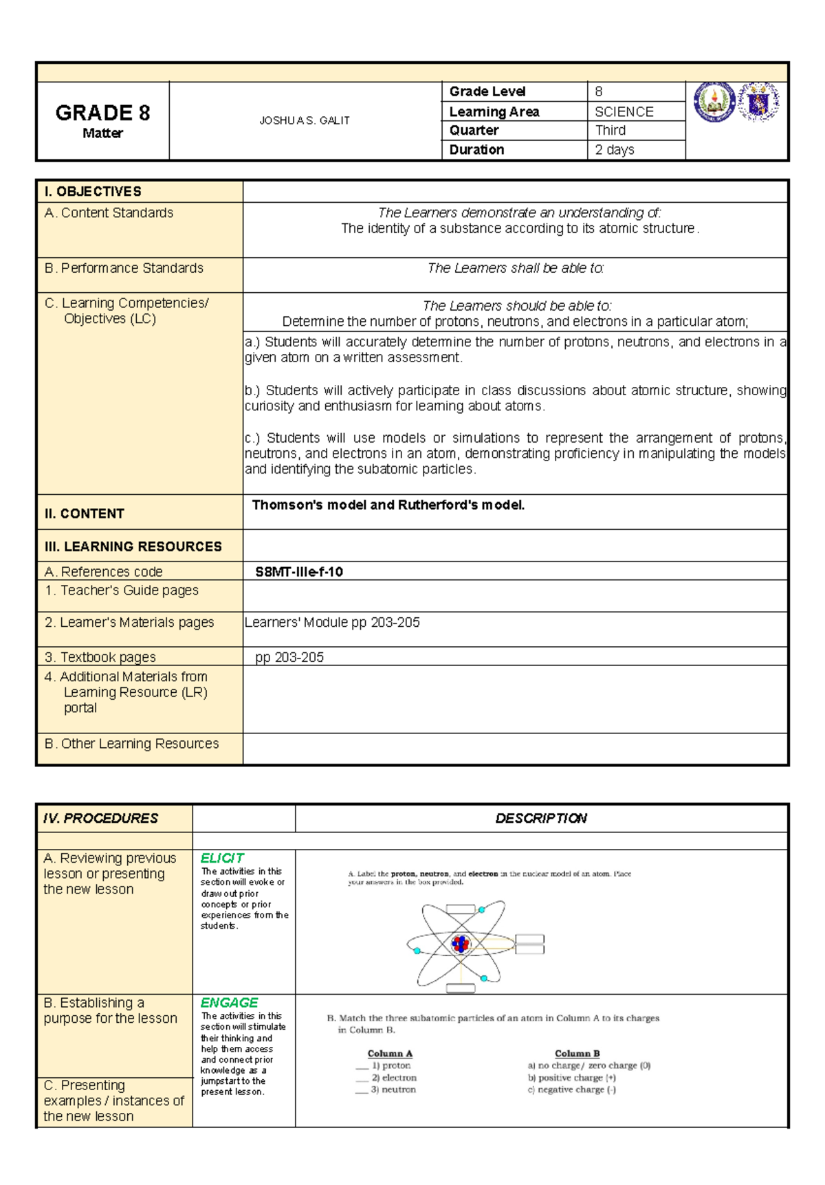 Charges of subatomic particles - GRADE 8 Matter JOSHUA S. GALIT Grade ...
