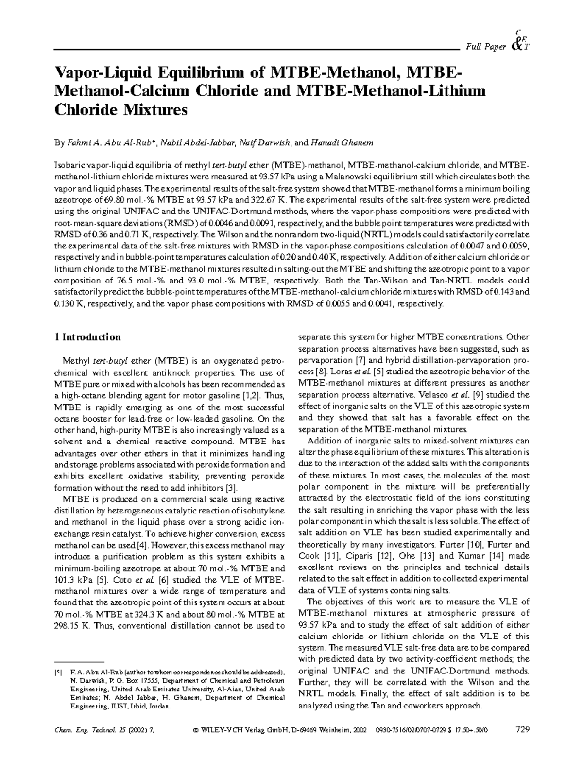 Vapor Liquid Equilibrium of MTBE Methano - Vapor-Liquid Equilibrium of ...