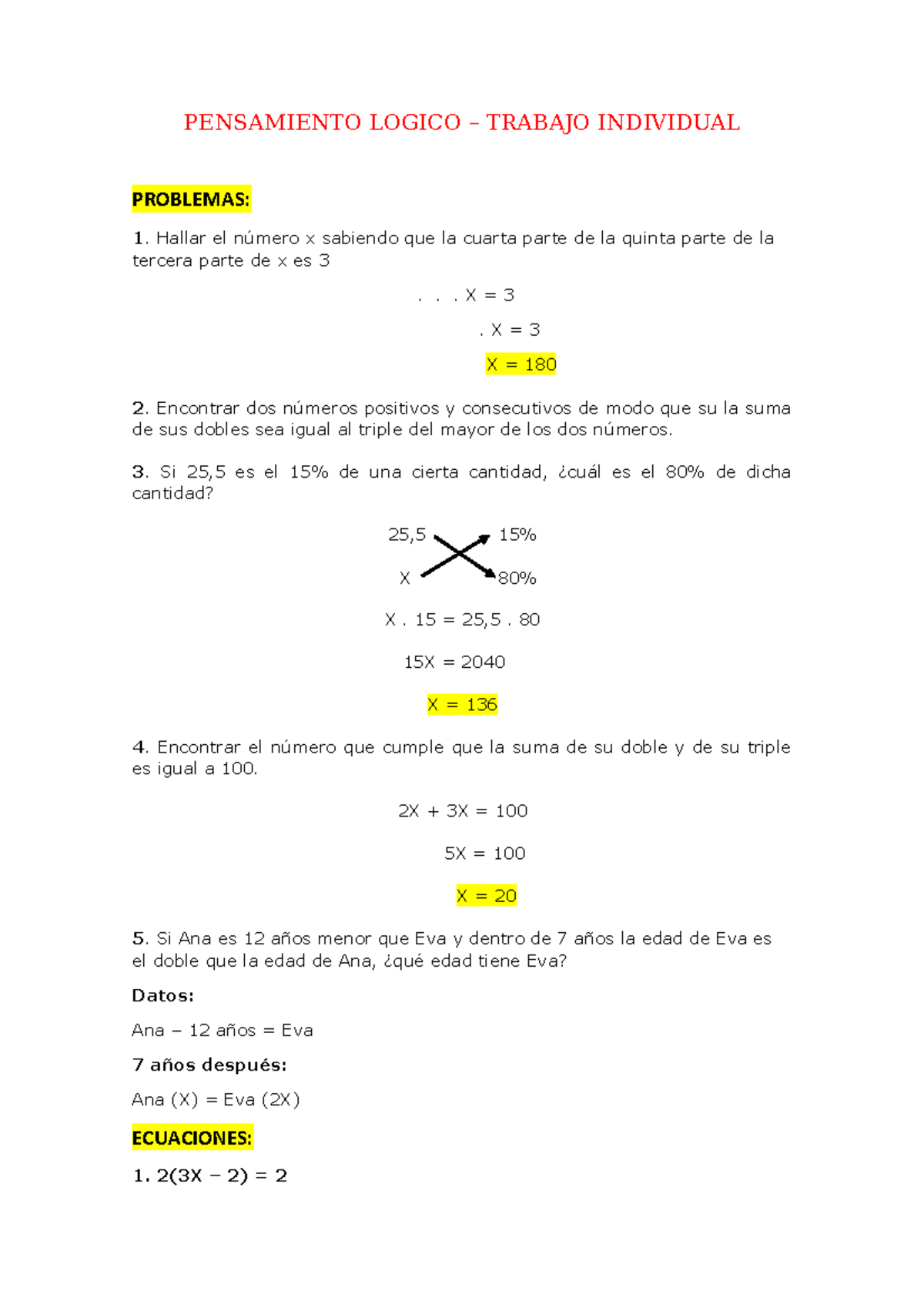 Pensamiento Logico - Problemas Y Ecuaciones - PENSAMIENTO LOGICO ...