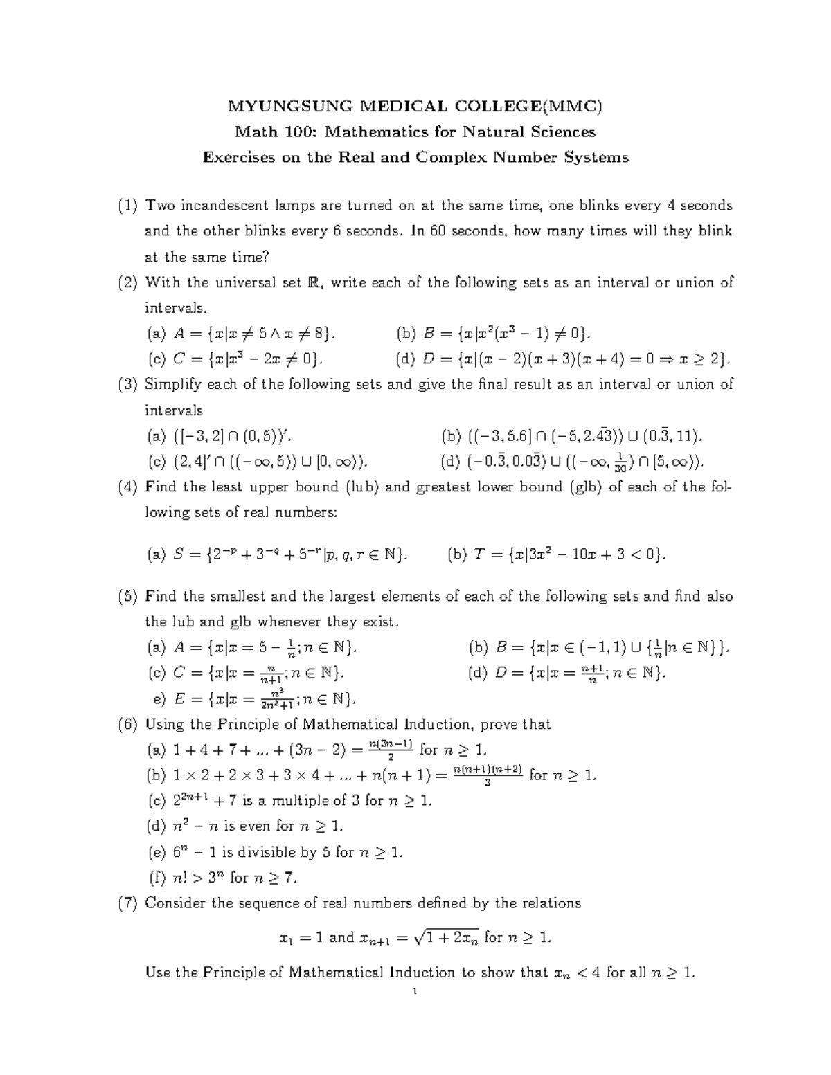 Math 100 Exercises On Chapter 2 MYUNGSUNG MEDICAL COLLEGE MMC Math