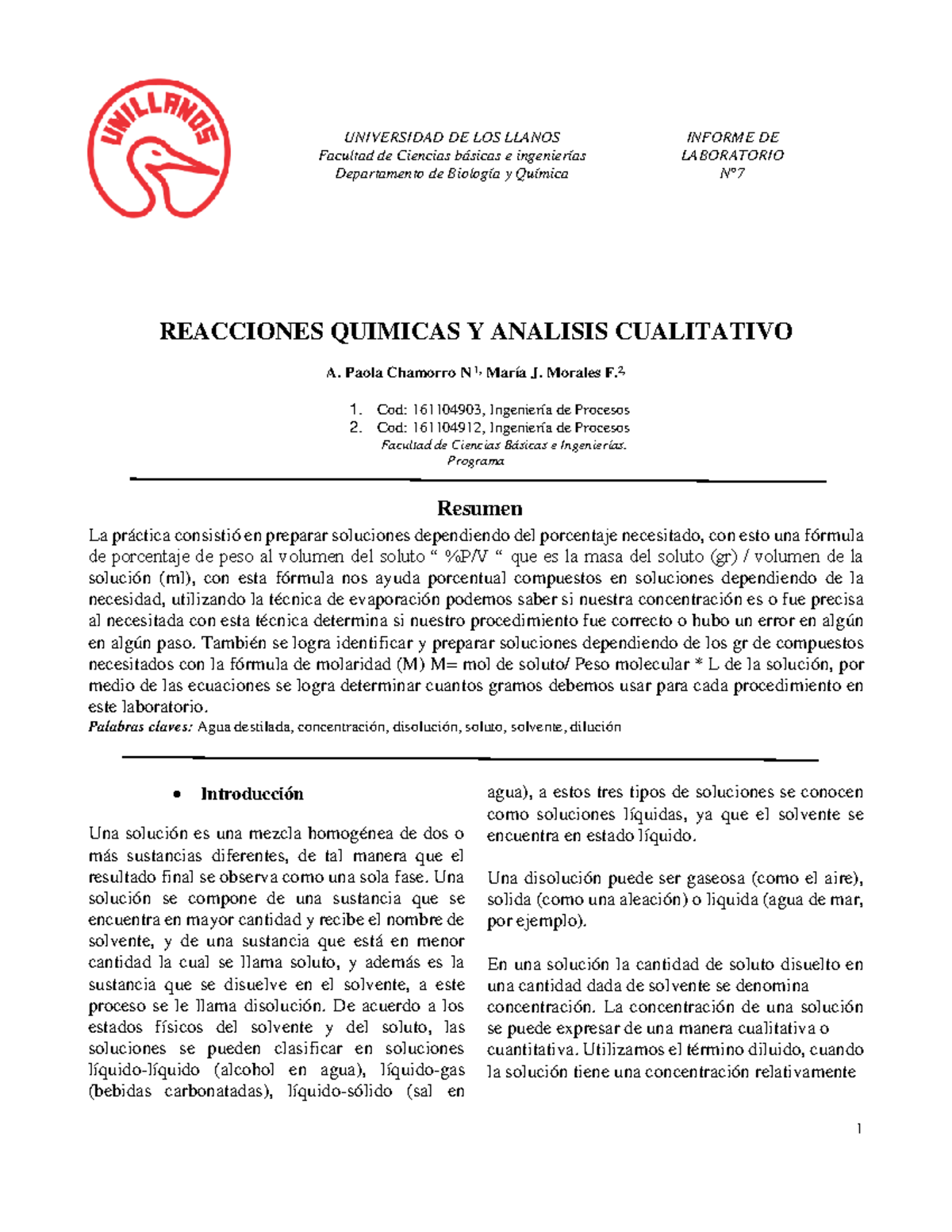 Informe 8 Quimica - Laboratorio práctica número 8 - UNIVERSIDAD DE LOS LLANOS Facultad de ...