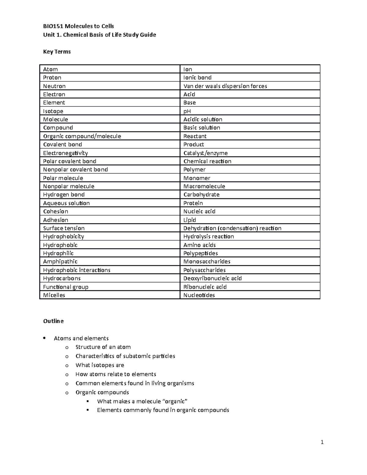 BIO151 Unit 1. Chemical Basis of Life Study Guide - BIO151 Molecules to ...